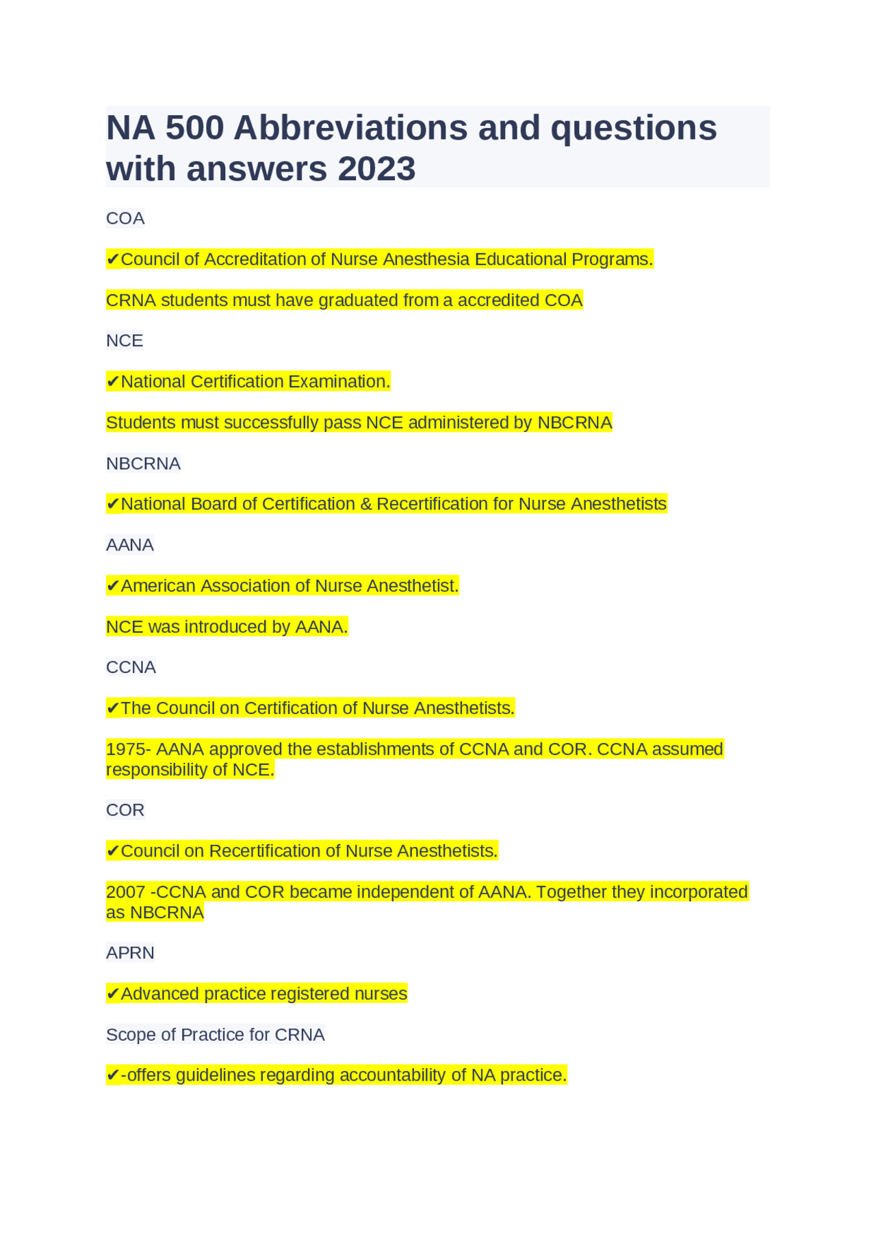 NA 500 Abbreviations and questions with answers 2023 | Exams Nursing ...