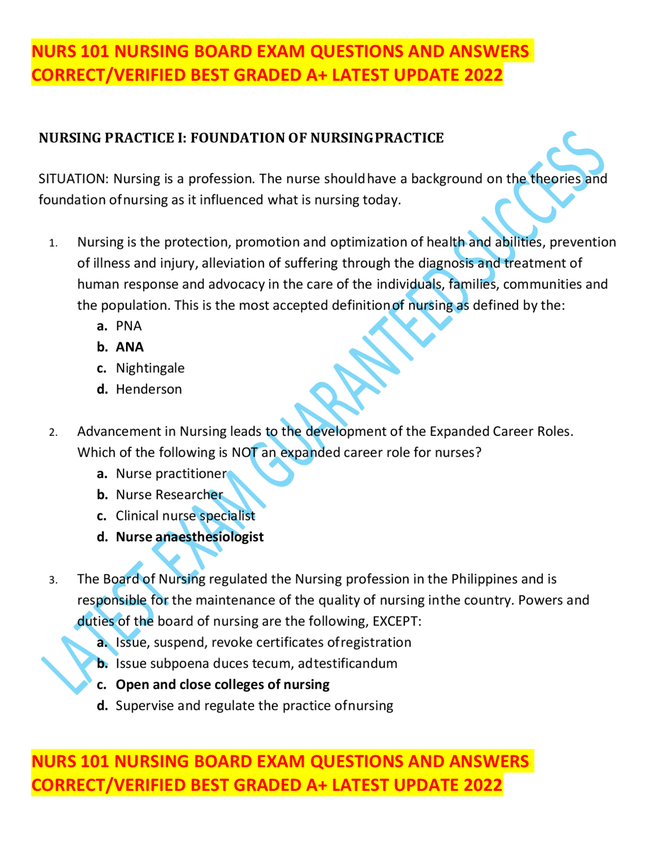 Nurs 101 Foundation Of Nursing Practice Graded A Exams Nursing Docsity