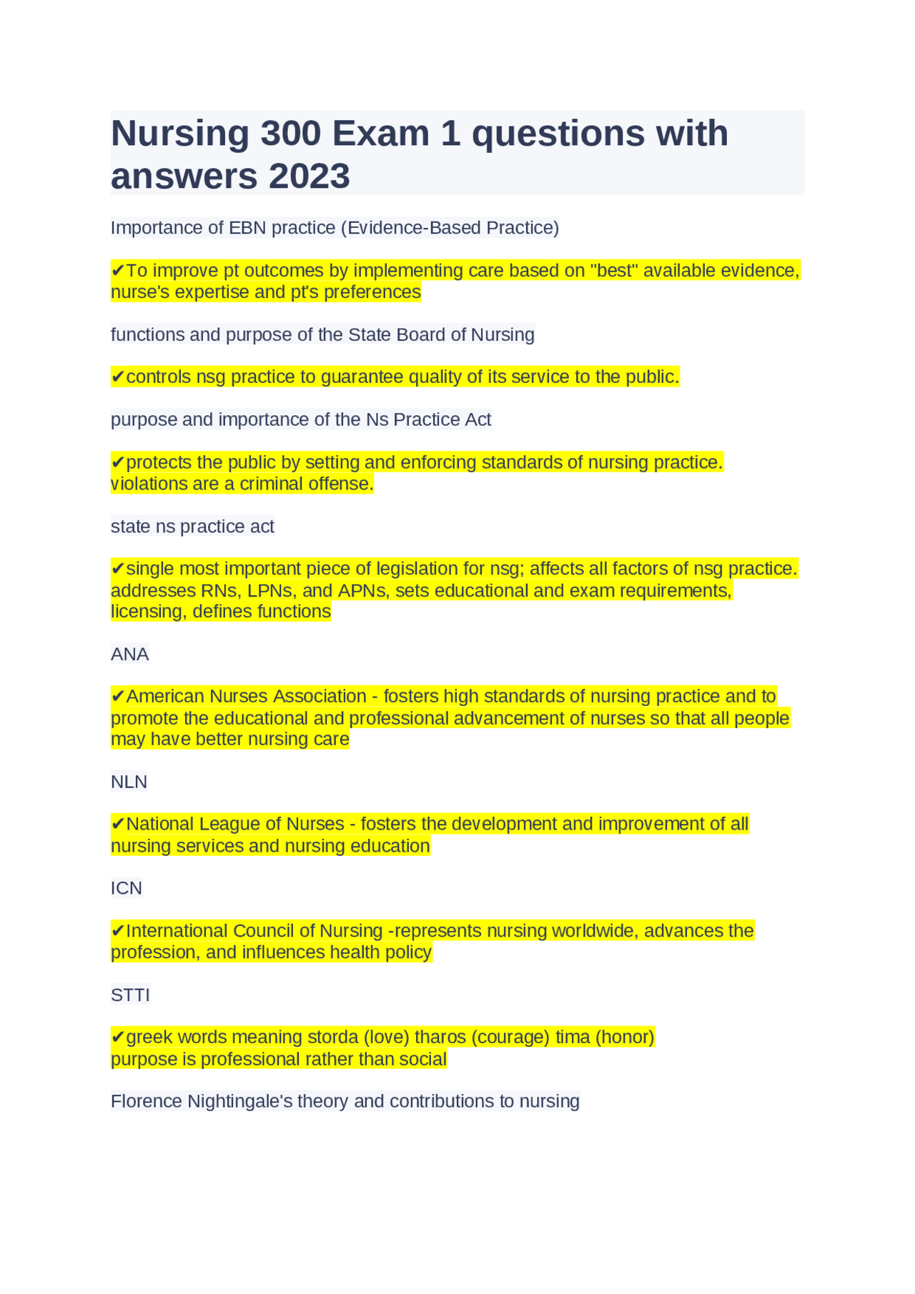 Nursing 300 Exam 1 questions with answers 2023 | Exams Nursing | Docsity
