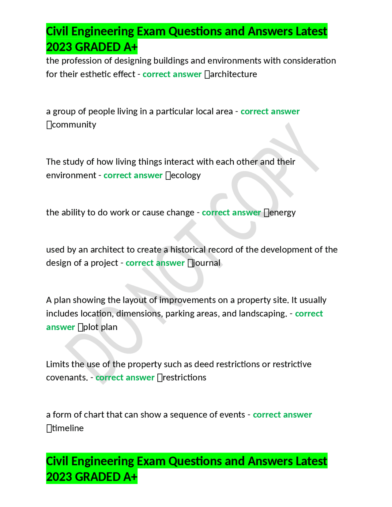 Civil Engineering Exam Questions and Answers Latest 2023 GRADED A+ ...