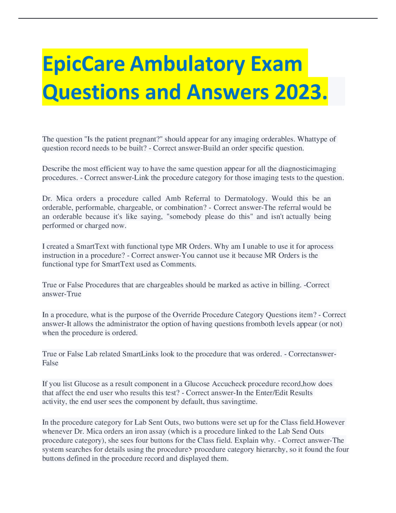EpicCare Ambulatory Exam Questions and Answers 2023. | Exams Nursing ...