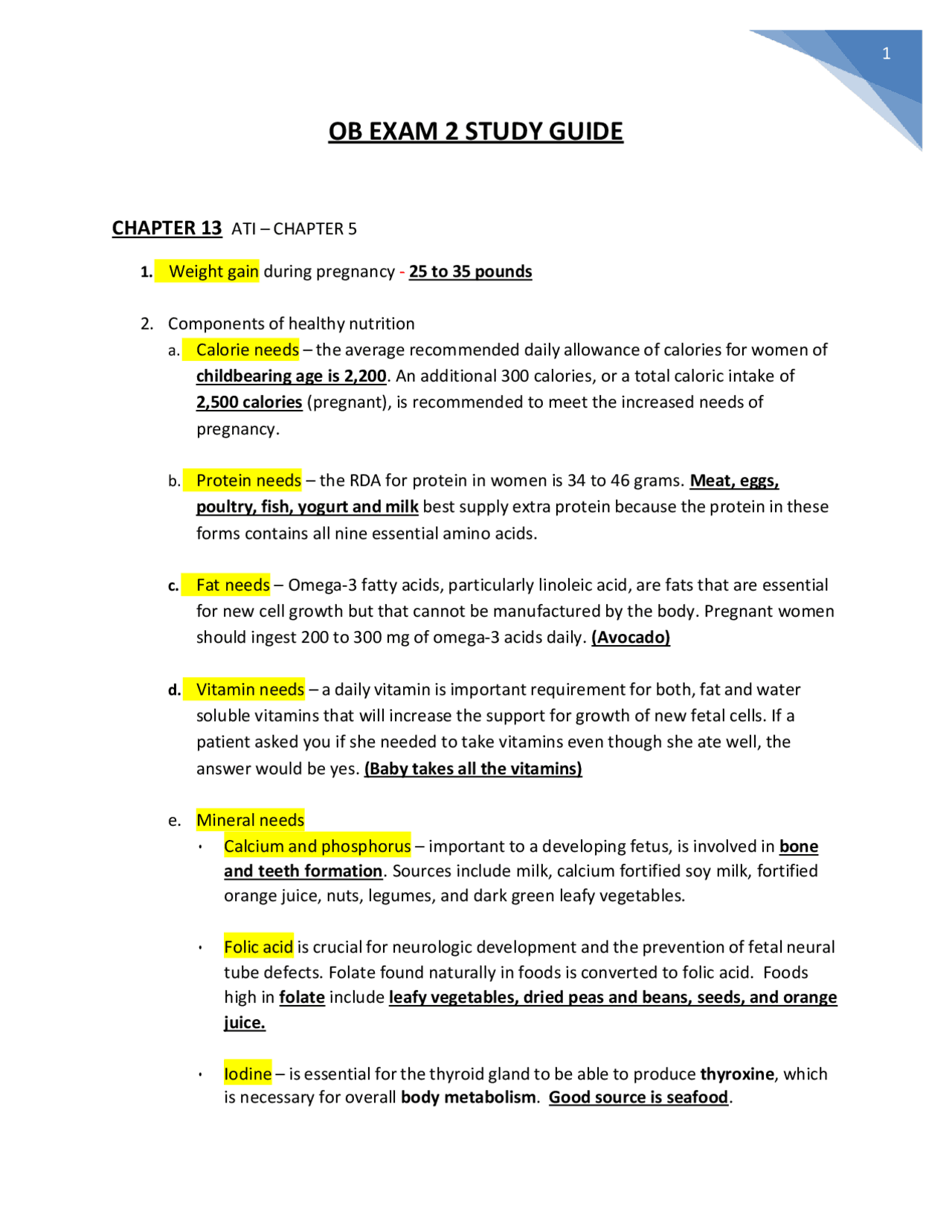 OB EXAM 2 STUDY GUIDE UPDATED | Exams Nursing | Docsity