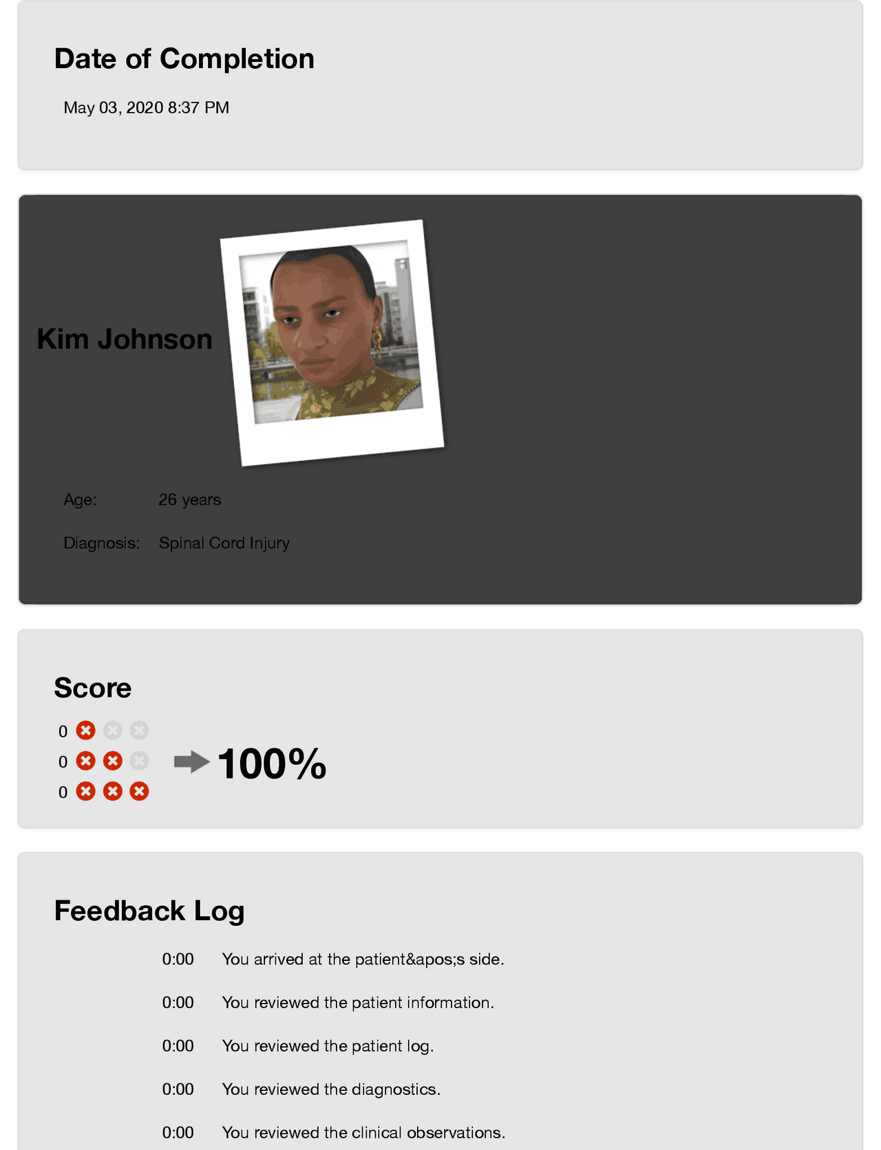 Kim Johnson VSIM Feedback Log & Score | Exams Nursing | Docsity