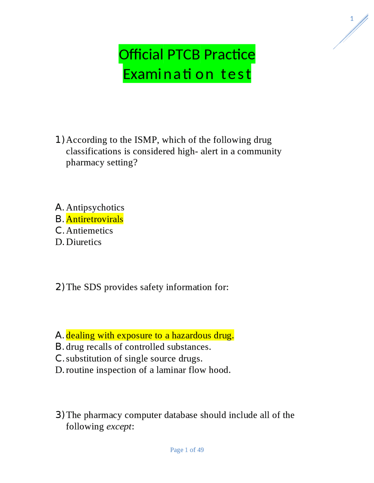 Official PTCB Practice Examination test | Exams Medicine | Docsity