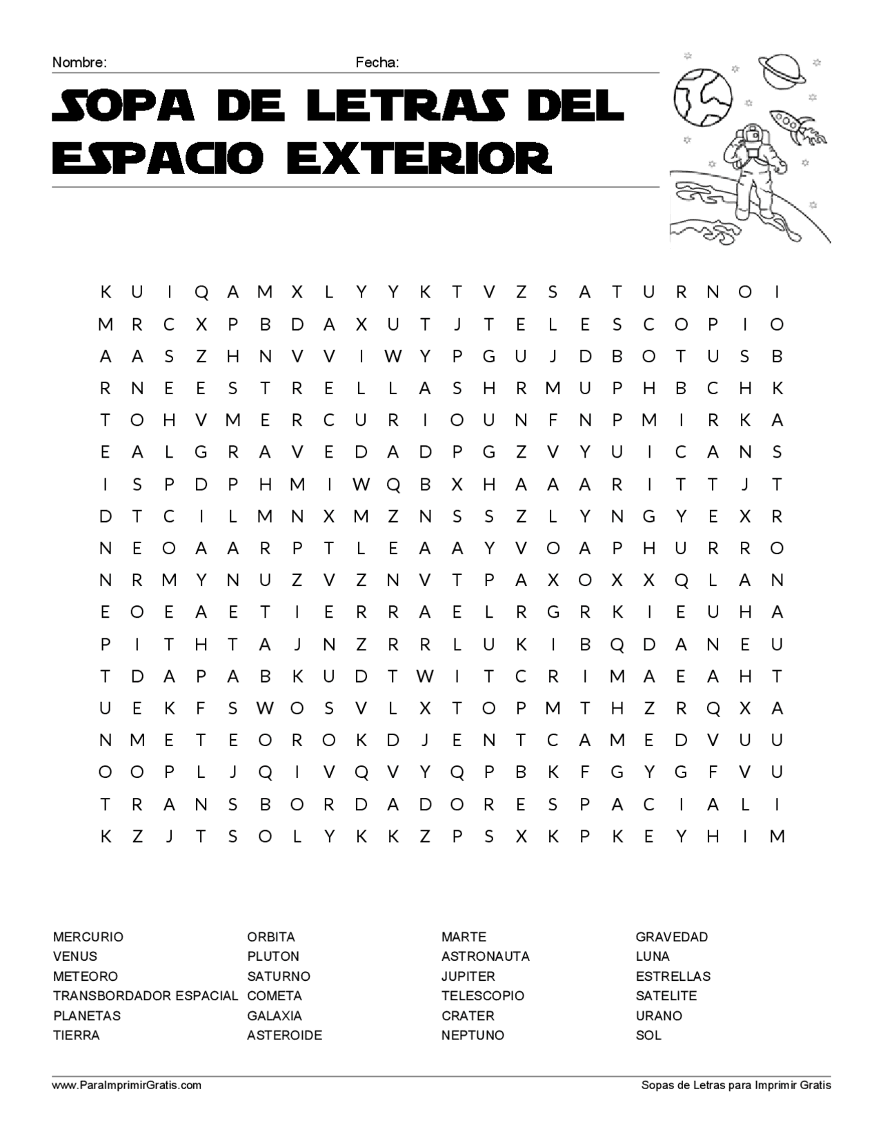 Sopa De Letras De Astronauta