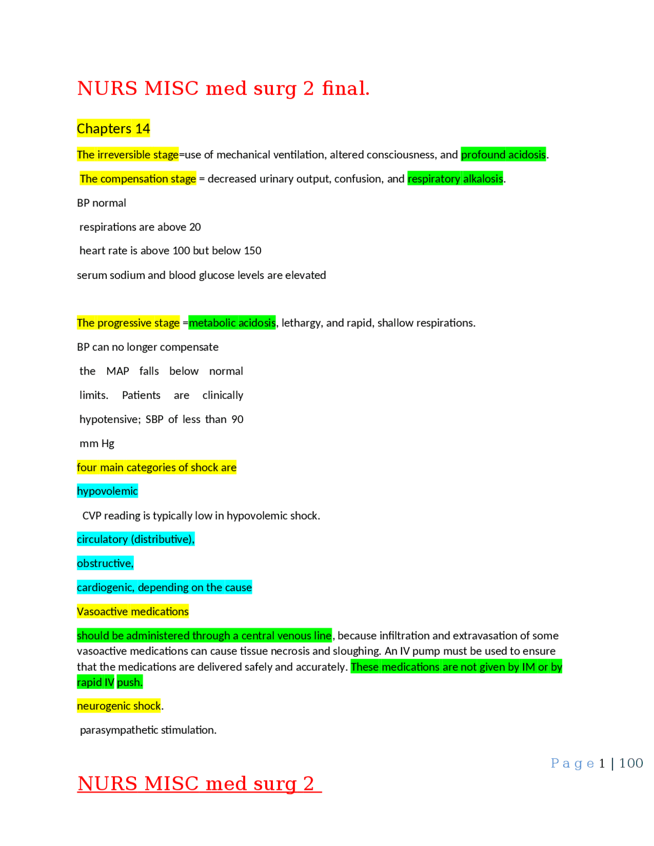 NURS MISC med surg 2 final. | Exams Nursing | Docsity