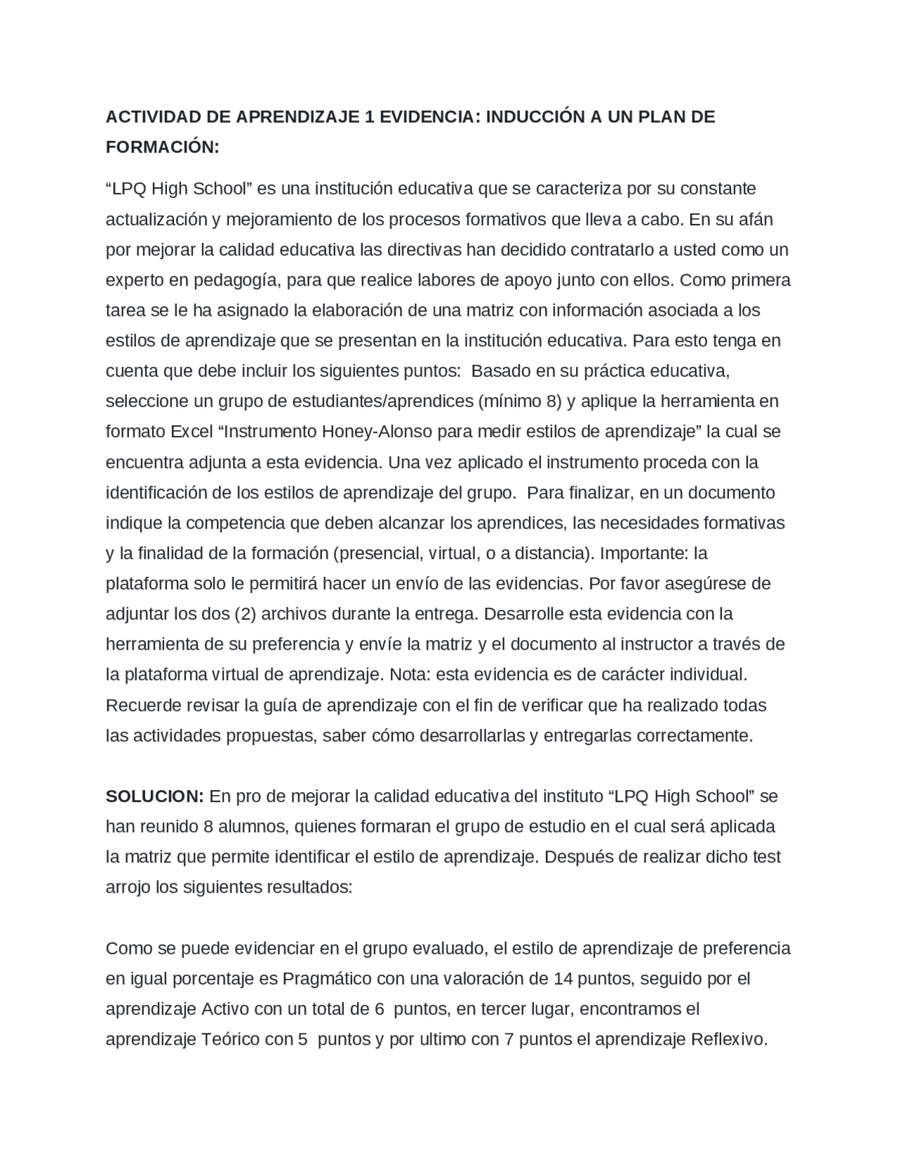 actividad aprendizaje | Ejercicios de Derecho | Docsity