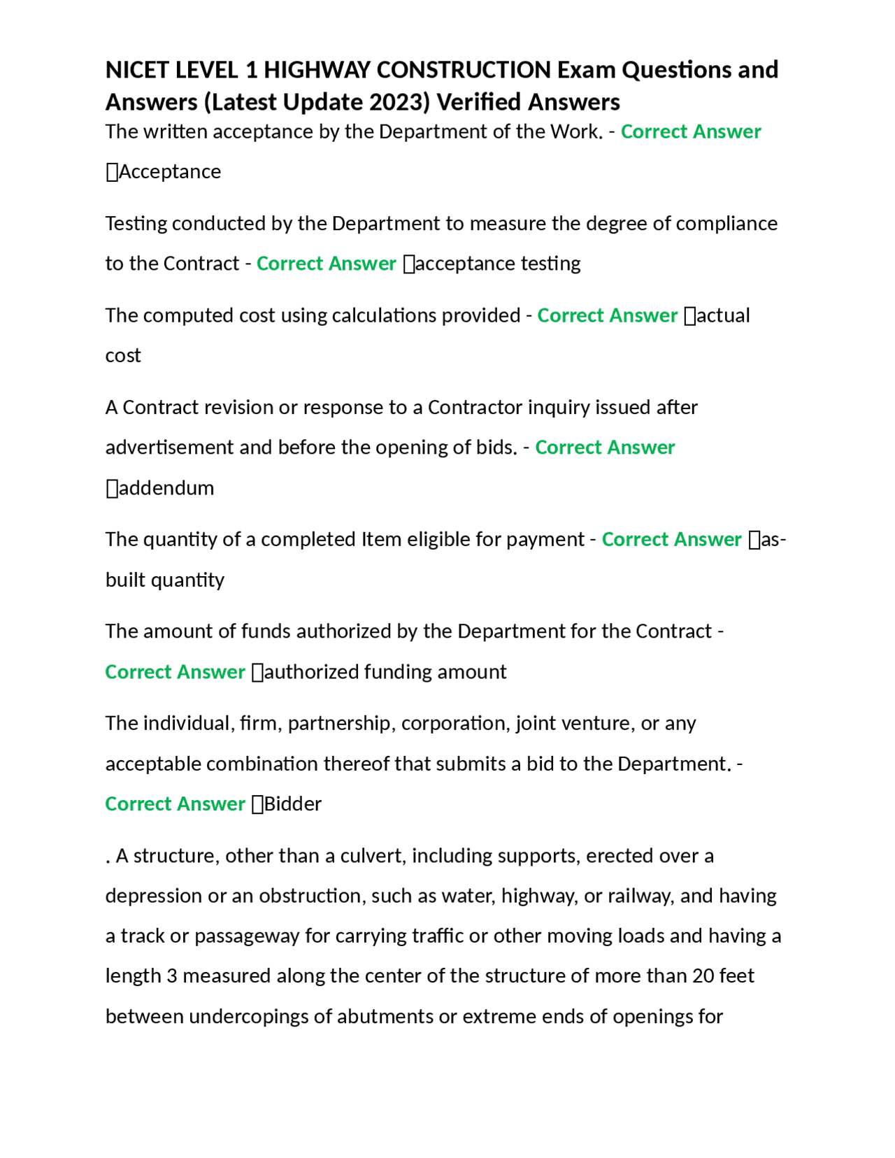 NICET LEVEL 1 HIGHWAY CONSTRUCTION Exam Questions and Answers (Latest ...