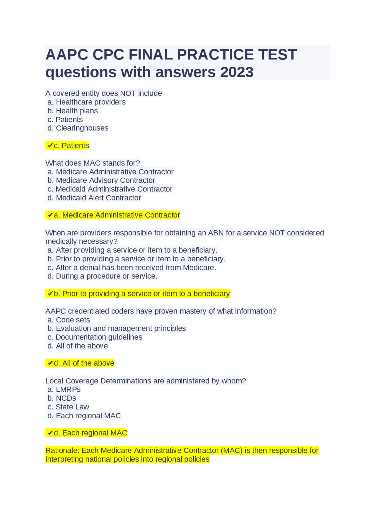 AAPC CPC FINAL PRACTICE TEST questions with answers 2023 | Exams ...