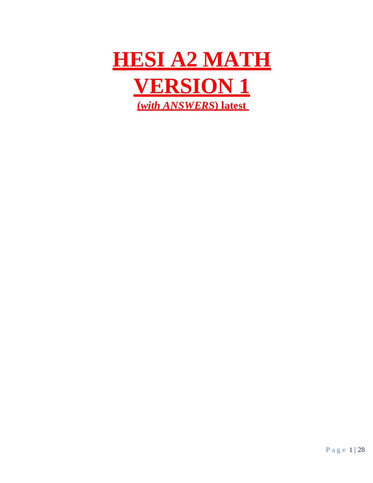 HESI A2 MATH VERSION 1 (with ANSWERS) latest | Exams Nursing | Docsity