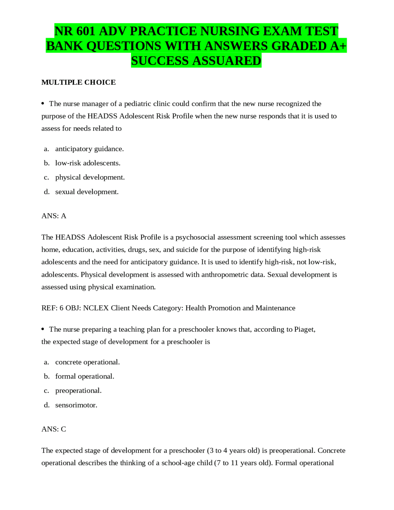 NR 601 ADV PRACTICE NURSING EXAM TEST BANK QUESTIONS WITH ANSWERS ...