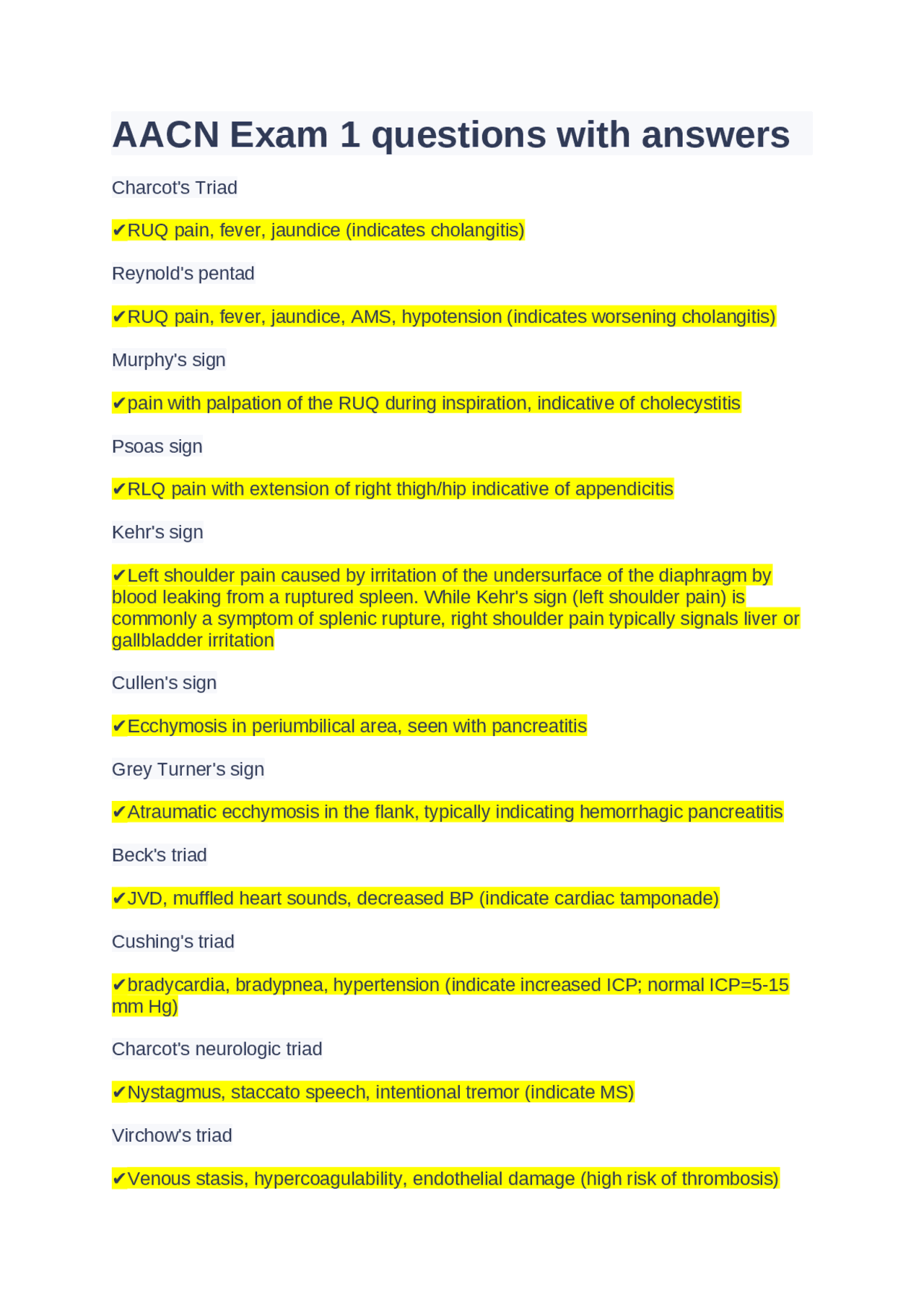 AACN Exam 1 questions with answers | Exams Nursing | Docsity