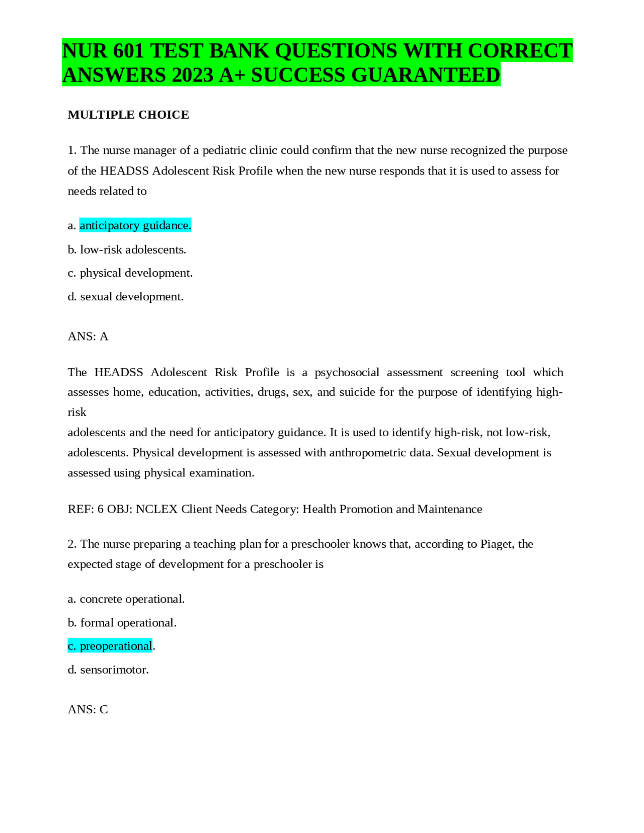 NUR 601 TEST BANK QUESTIONS WITH CORRECT ANSWERS 2023 A+ SUCCESS ...