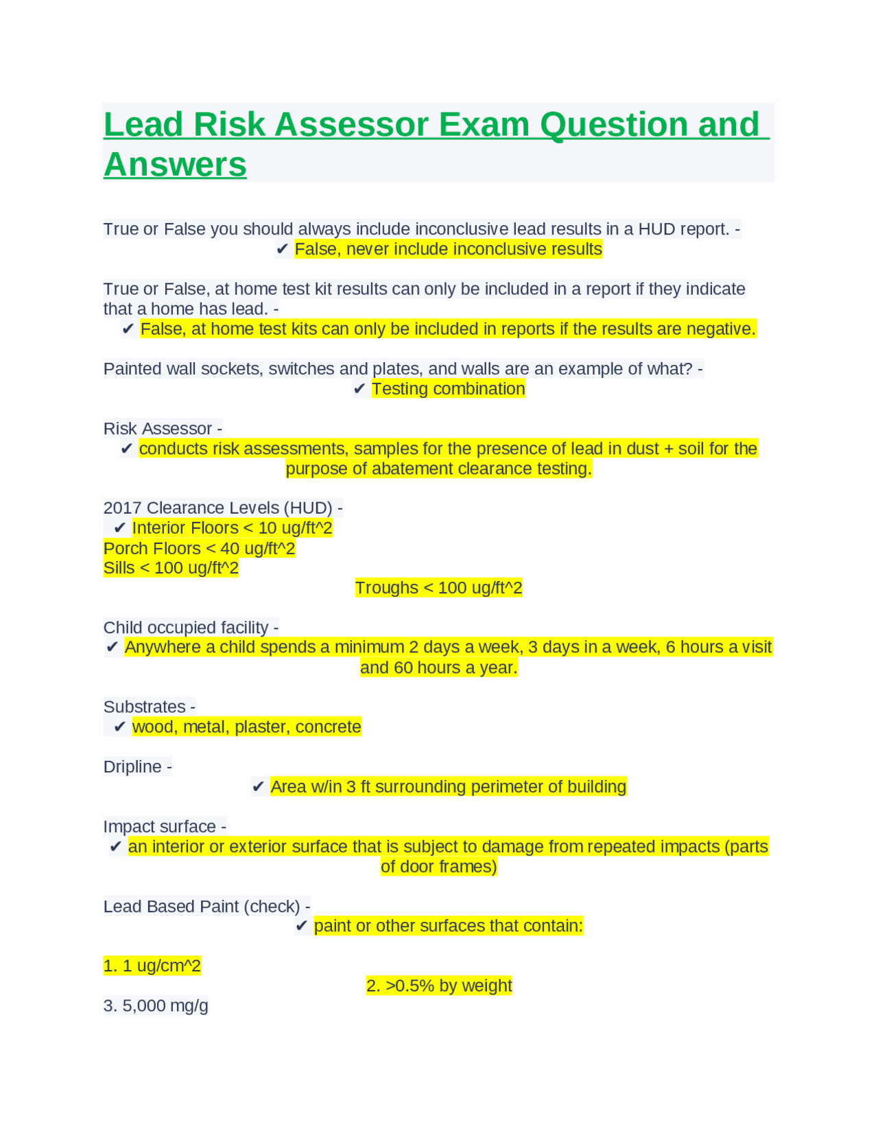 Lead Risk Assessor Exam Question And Answers Exams Environmental