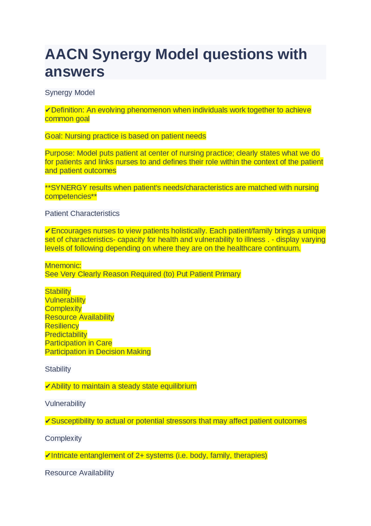 Aacn Synergy Model Questions With Answers Exams Nursing Docsity