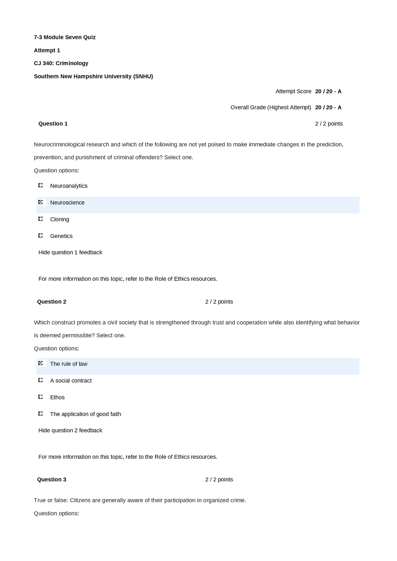 7 3 Module Seven Quiz Attempt One Quizzes Criminal Justice Docsity