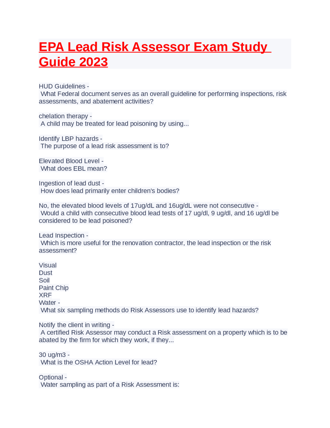 EPA Lead Risk Assessor Exam Study Guide 2023 | Exams Environmental ...