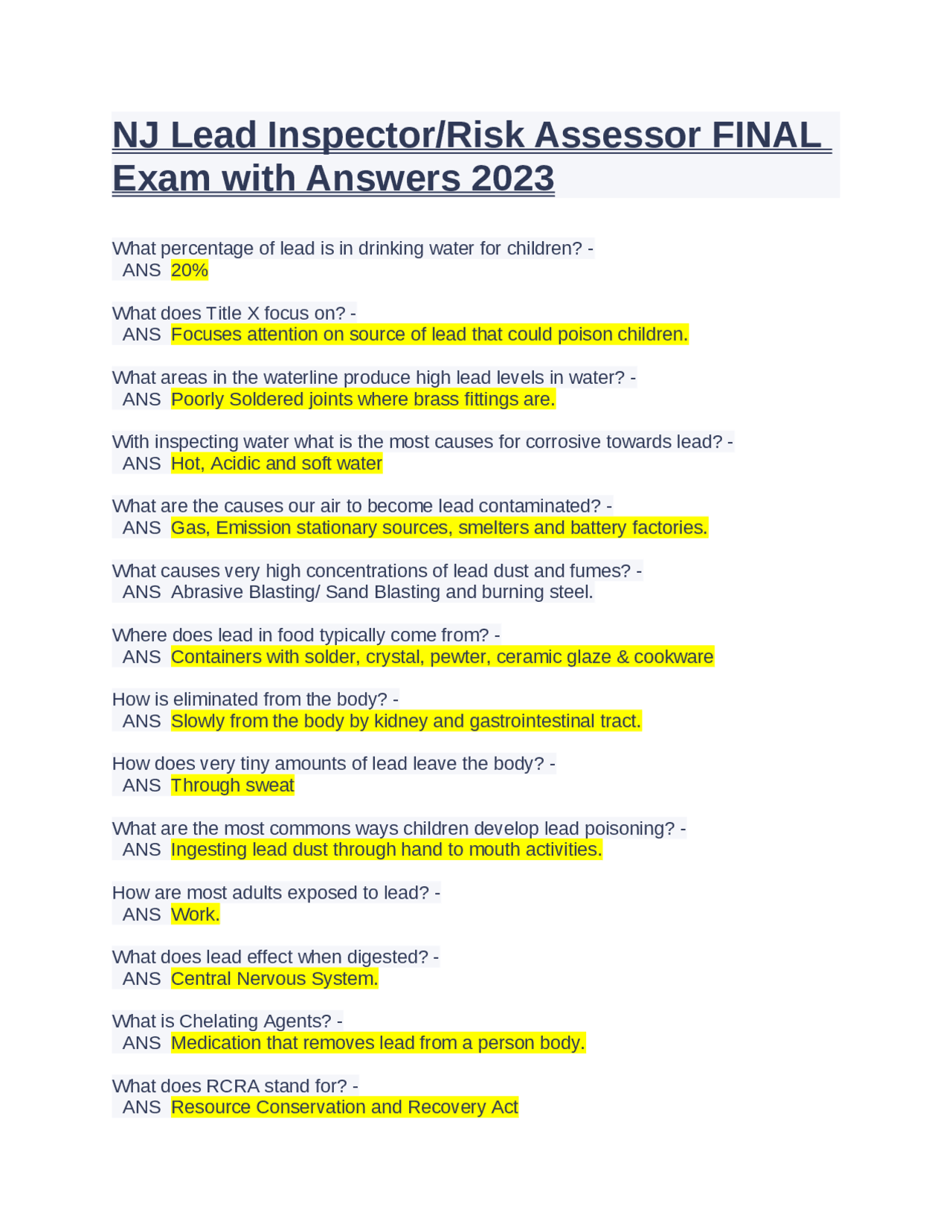 NJ Lead Inspector,Risk Assessor FINAL Exam with Answers 2023 | Exams ...