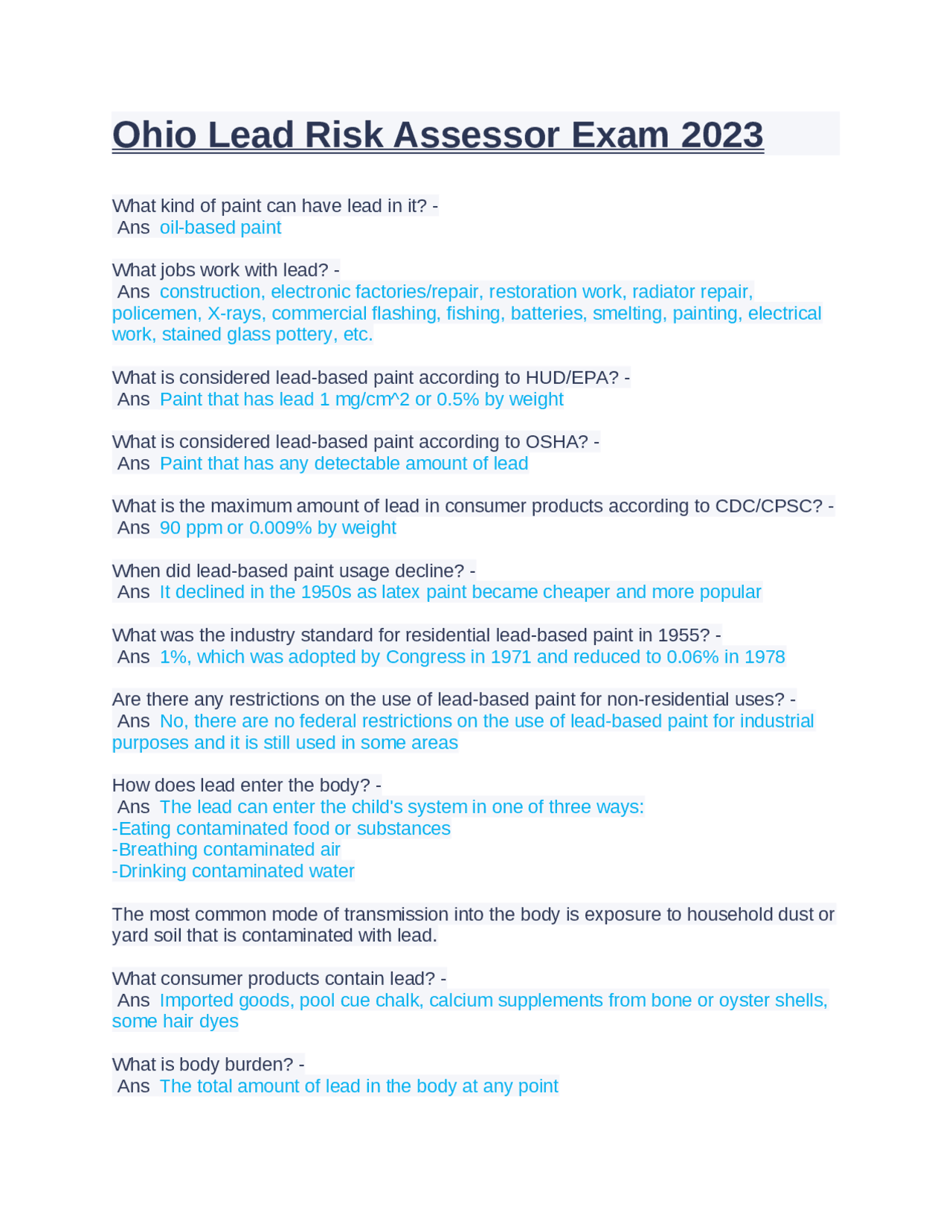 Ohio Lead Risk Assessor Exam 2023 | Exams Environmental Science | Docsity