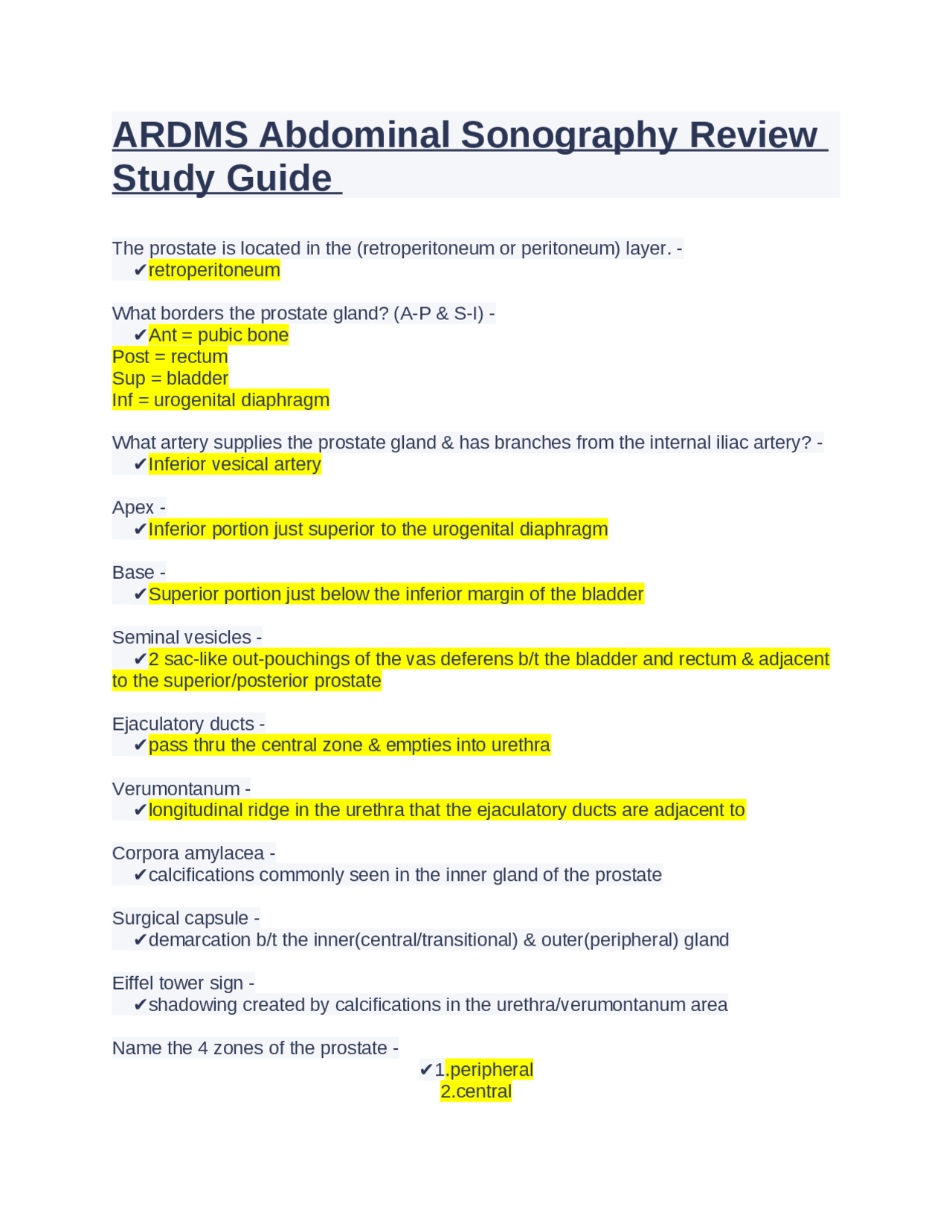 ARDMS Abdominal Sonography Review Study Guide | Exams Nursing | Docsity
