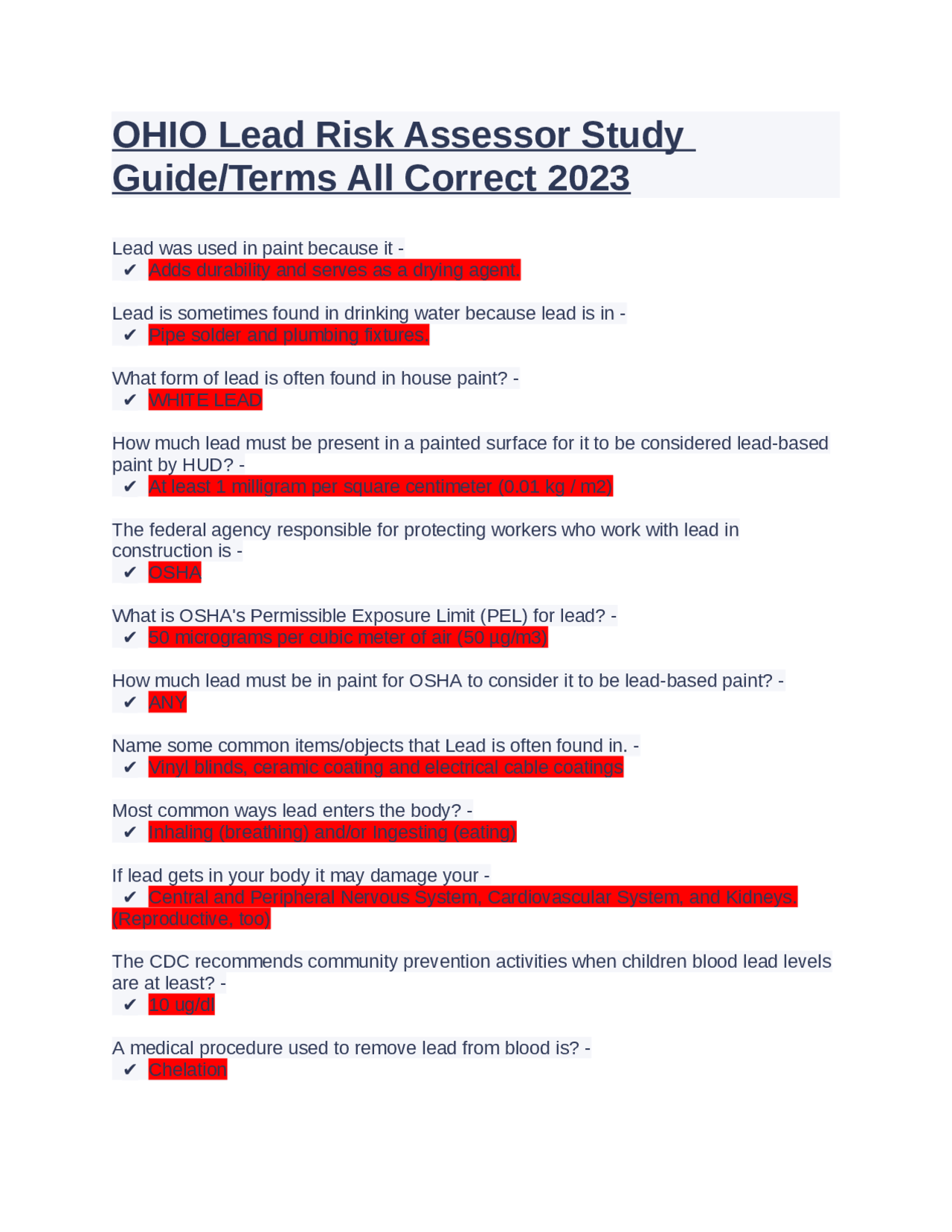 OHIO Lead Risk Assessor Study Guide ,Terms All Correct 2023 | Exams ...