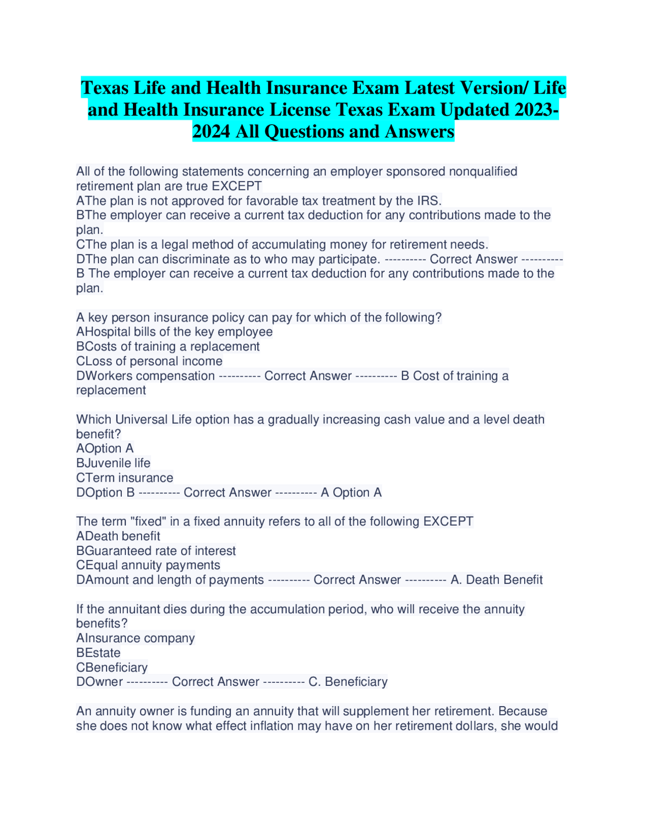 Texas Life and Health Insurance Exam Cheat Sheet Latest Version Updated ...