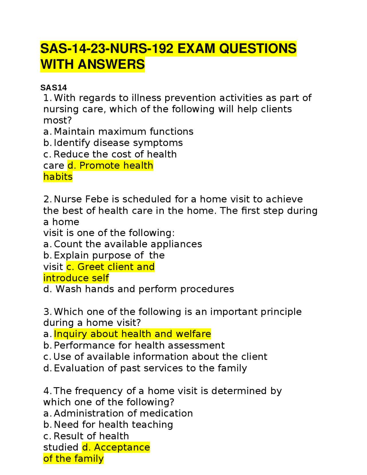 SAS-14-23-NURS-192 EXAM QUESTIONS WITH ANSWERS | Exams Nursing | Docsity