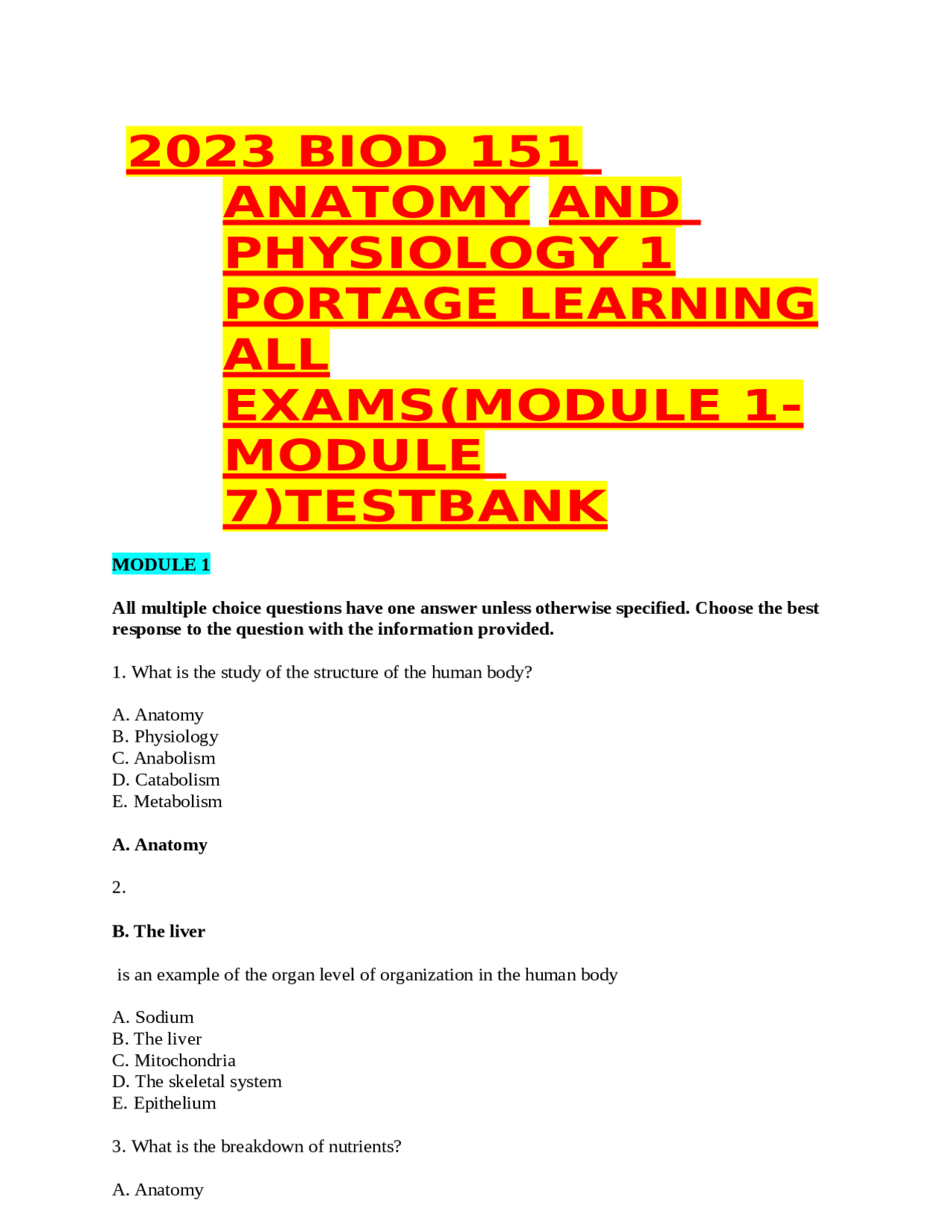 PORTAGE LEARNING BIOD 151 ANATOMY AND PHYSIOLOGY 1 ALL EXAMS (MODULE 1 ...