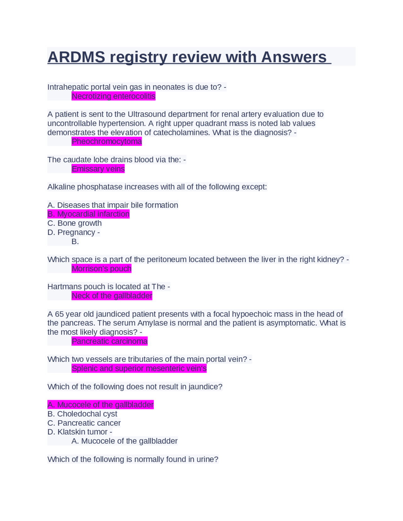 ARDMS registry review with Answers | Exams Medical imaging | Docsity