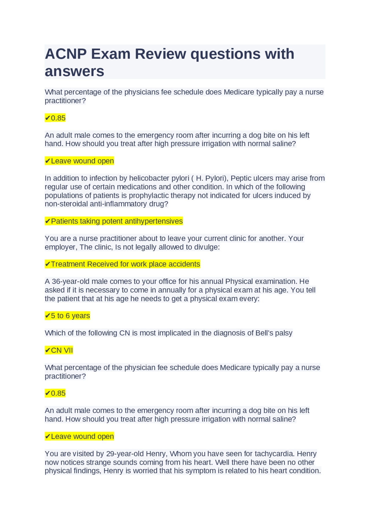 ACNP Exam Review questions with answers | Exams Nursing | Docsity