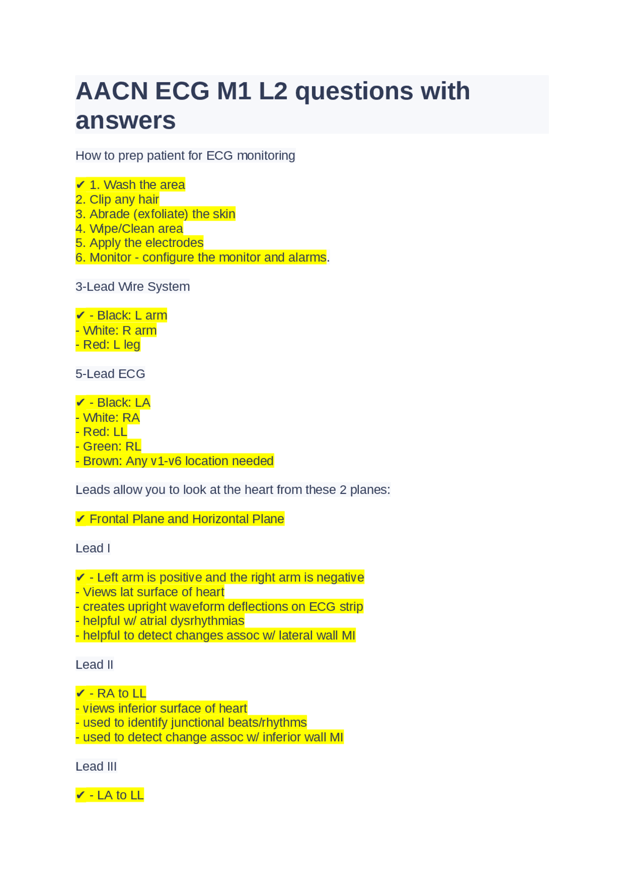 Aacn Ecg M1 L2 Questions With Answers Exams Nursing Docsity