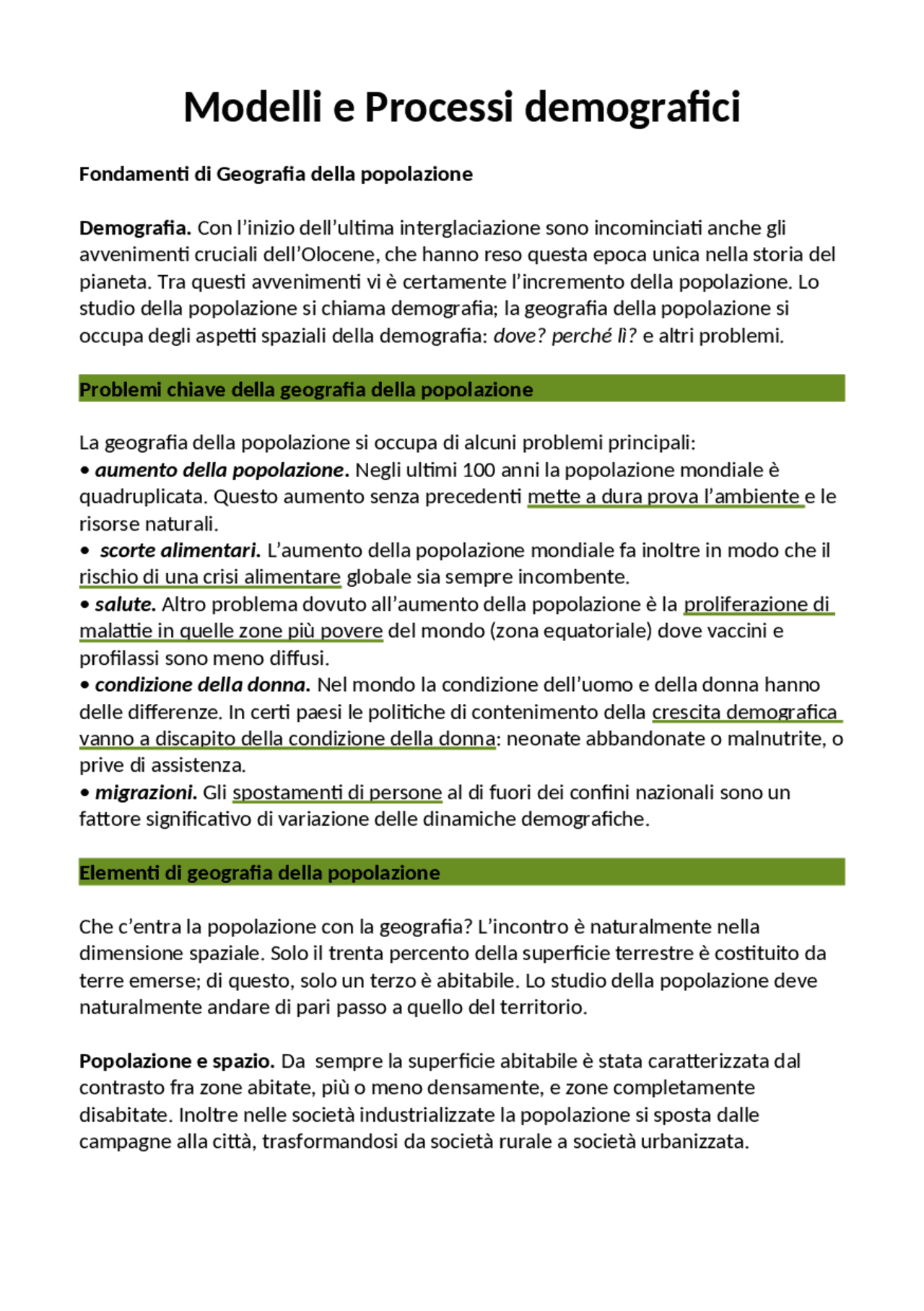 Modelli e processi demografici | Appunti di Geografia | Docsity