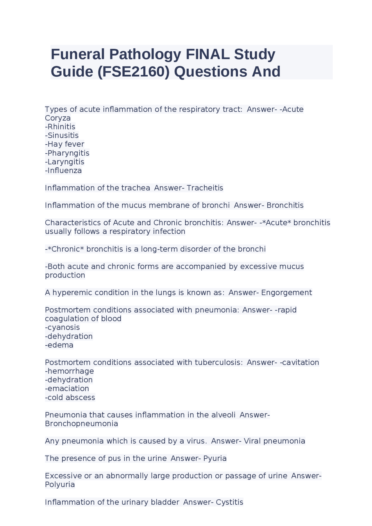 Funeral Pathology FINAL Study Guide(FSE2160) Questions And Answers ...