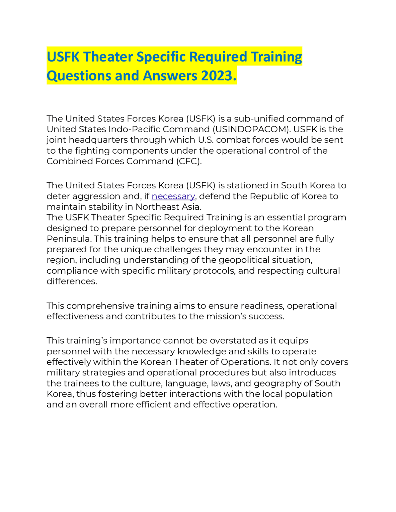USFK Theater Specific Required Training Questions and Answers 2023 ...