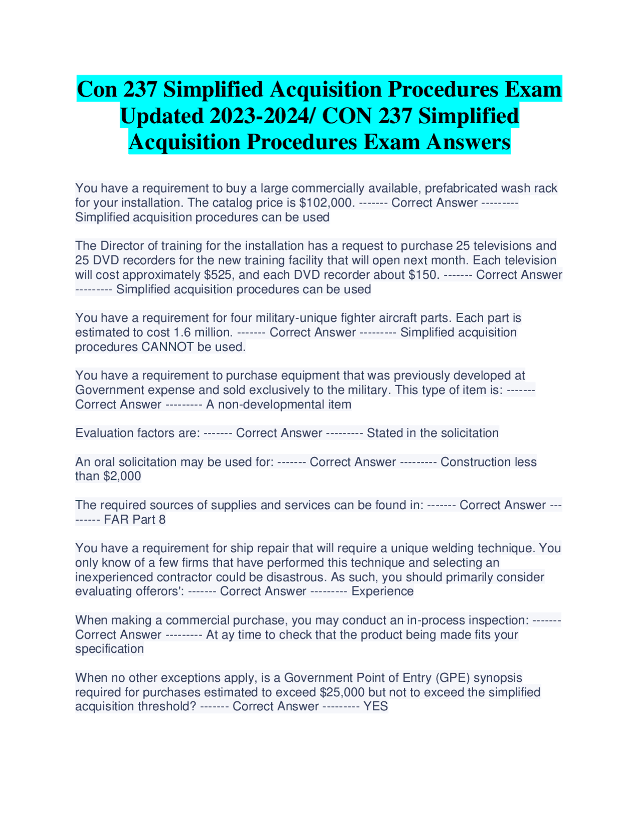 Con 237 Simplified Acquisition Procedures Exam Updated 2023-2024/ CON ...