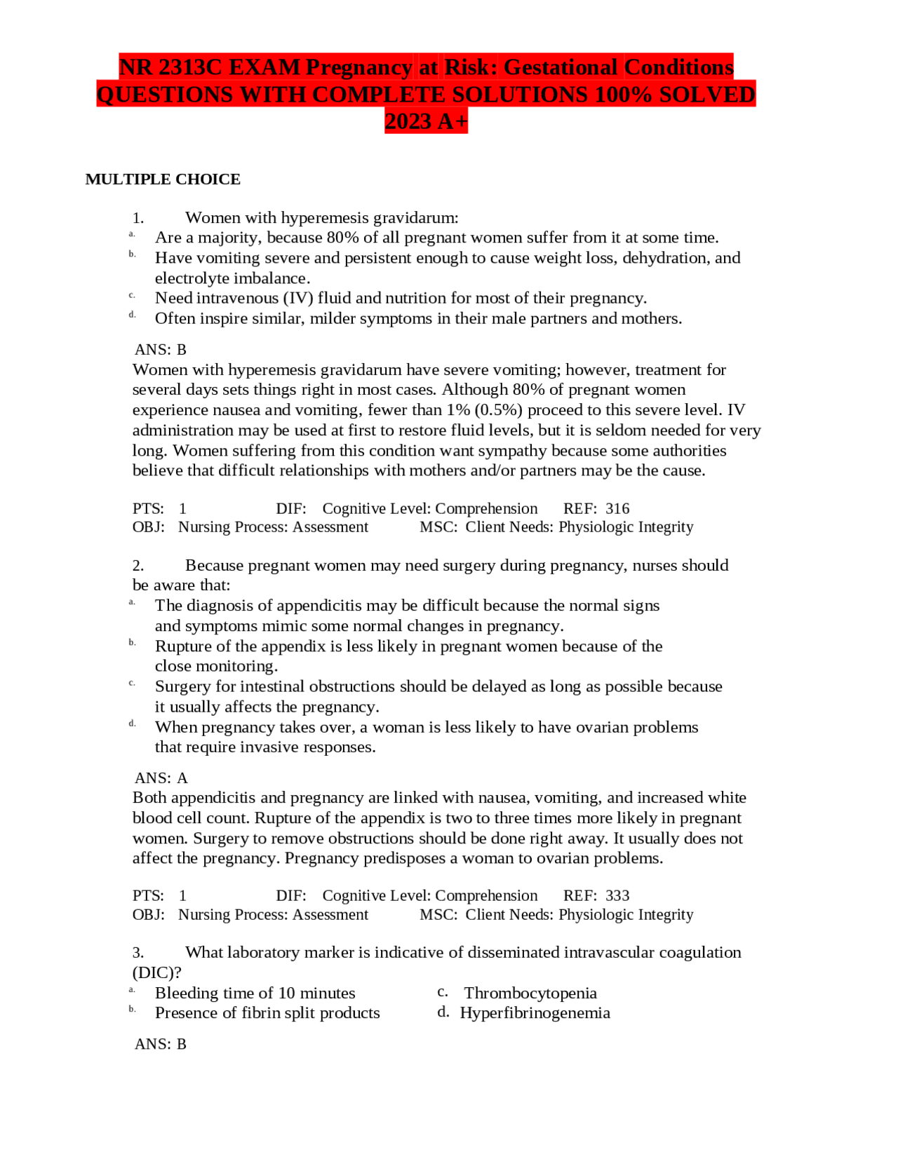 NR 2313C EXAM Pregnancy at Risk: Gestational Conditions QUESTIONS WITH ...