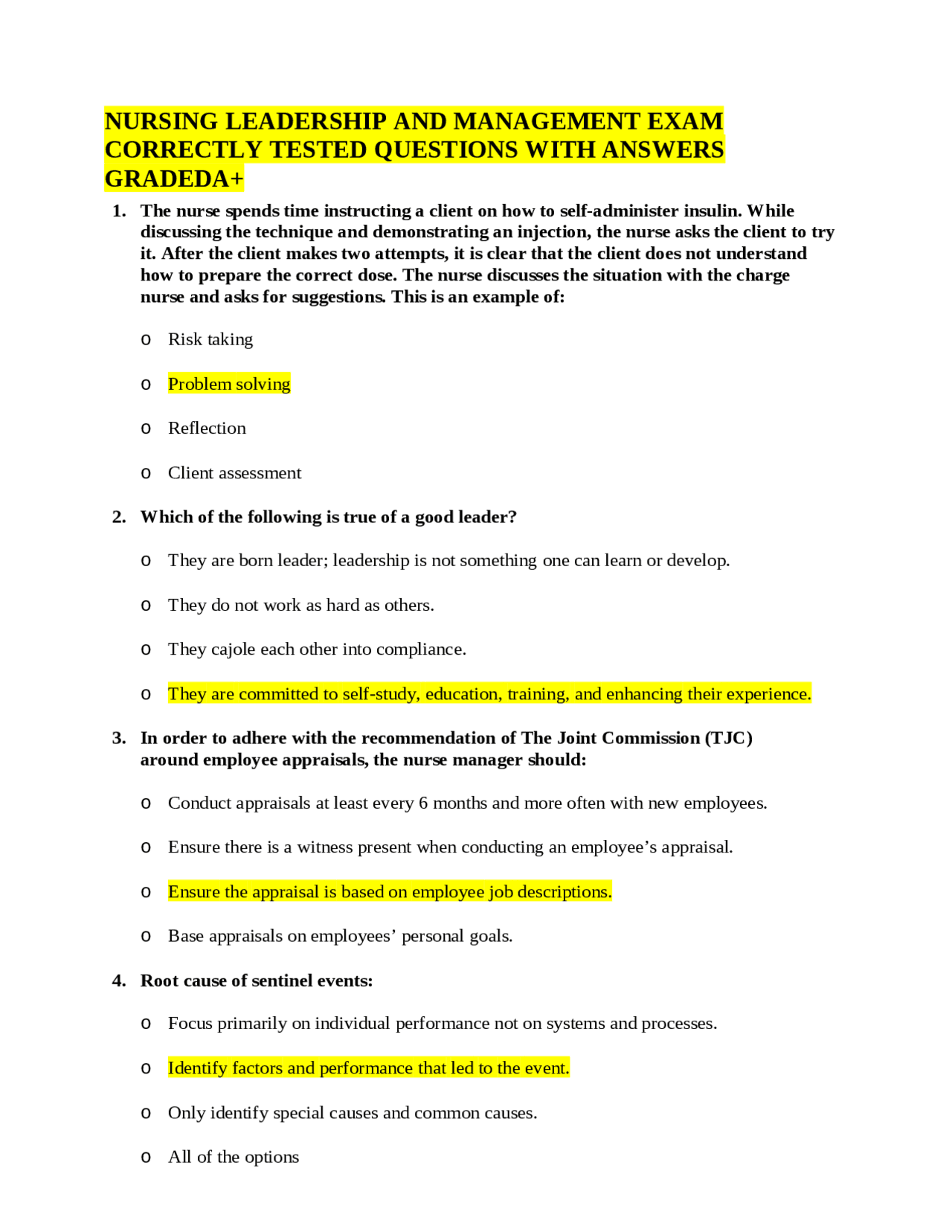 NURSING LEADERSHIP AND MANAGEMENT EXAM CORRECTLY TESTED QUESTIONS WITH ...