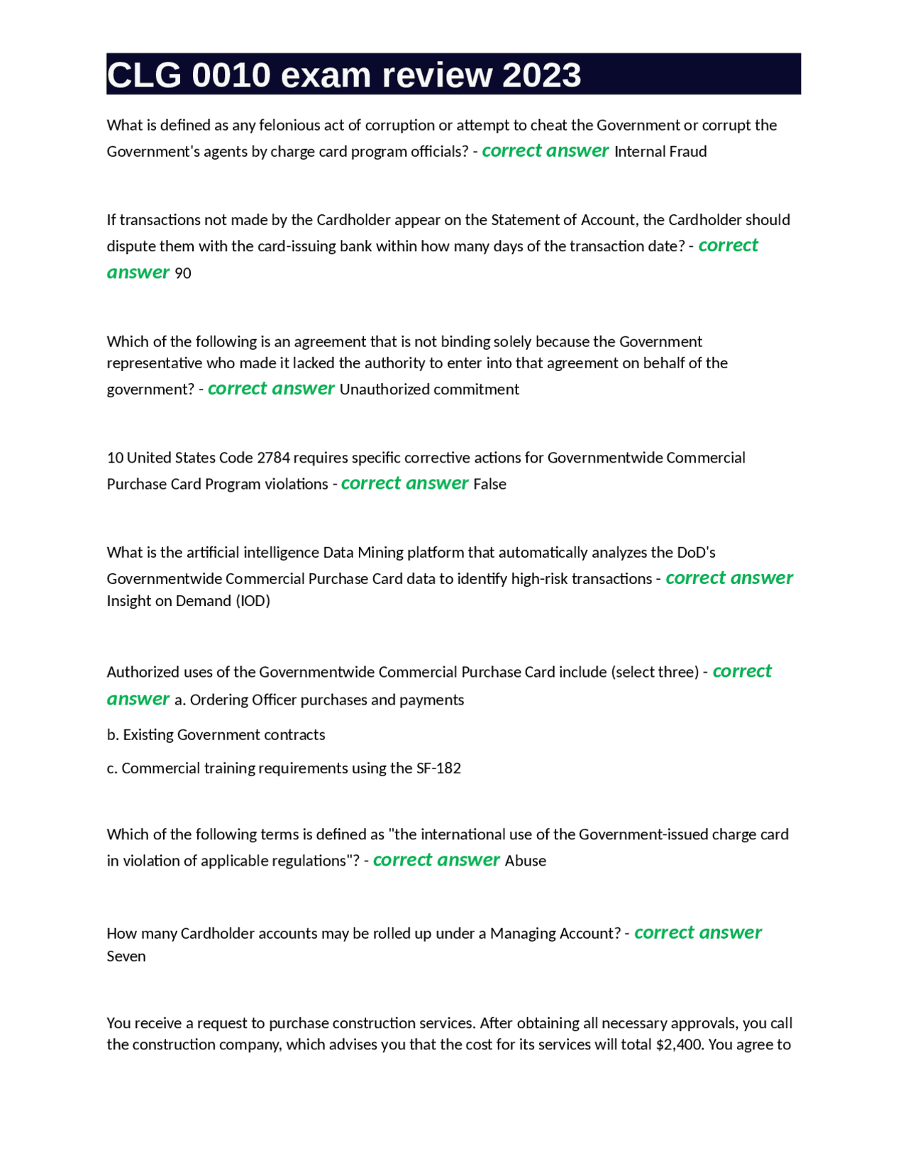 CLG 0010 exam review 2023 | Exams Nursing | Docsity