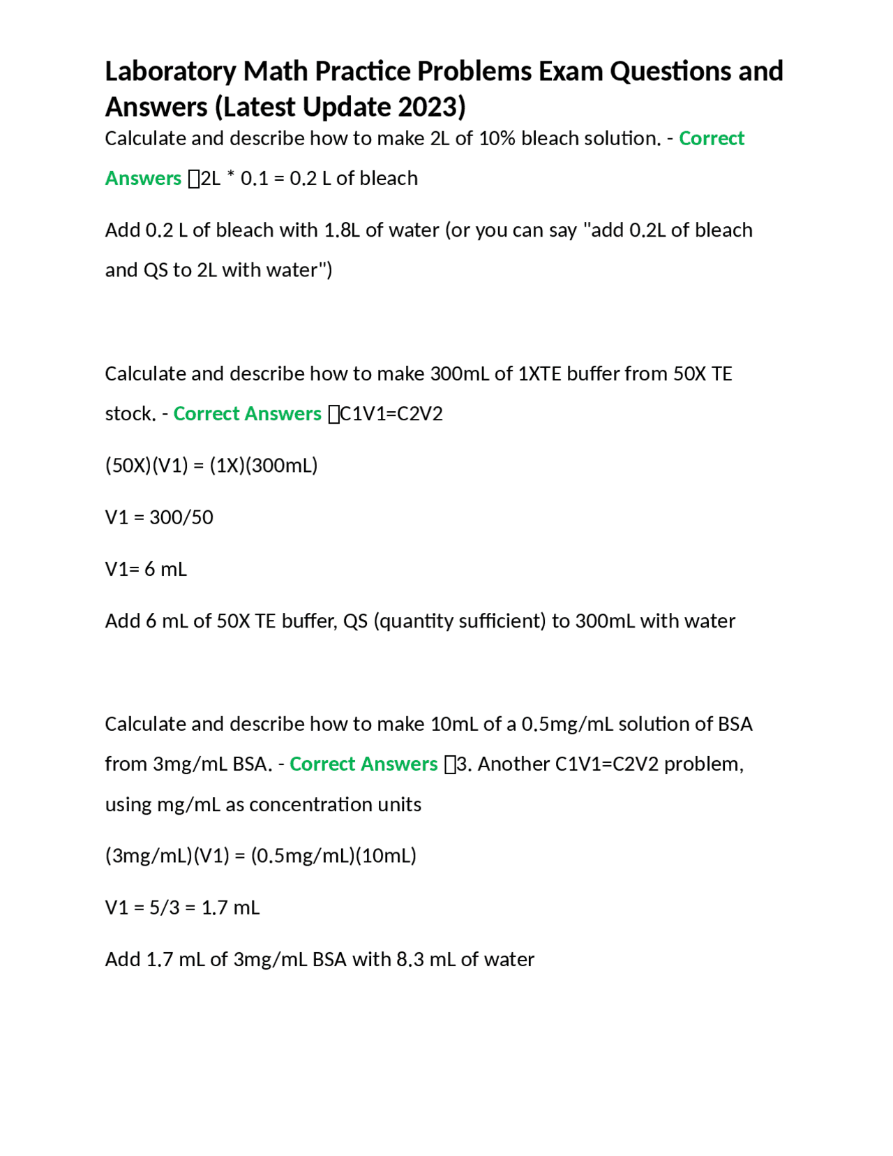 Laboratory Math Practice Problems Exam Questions and Answers (Latest ...
