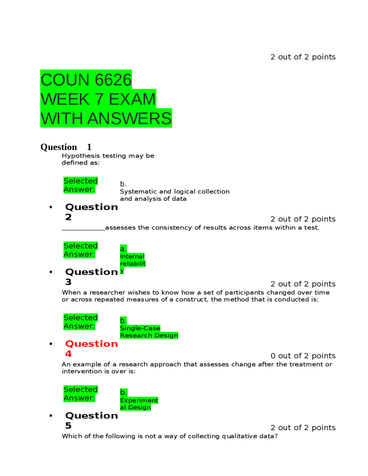 Coun 6626 Week 7 Exam With Answers Exams Nursing Docsity