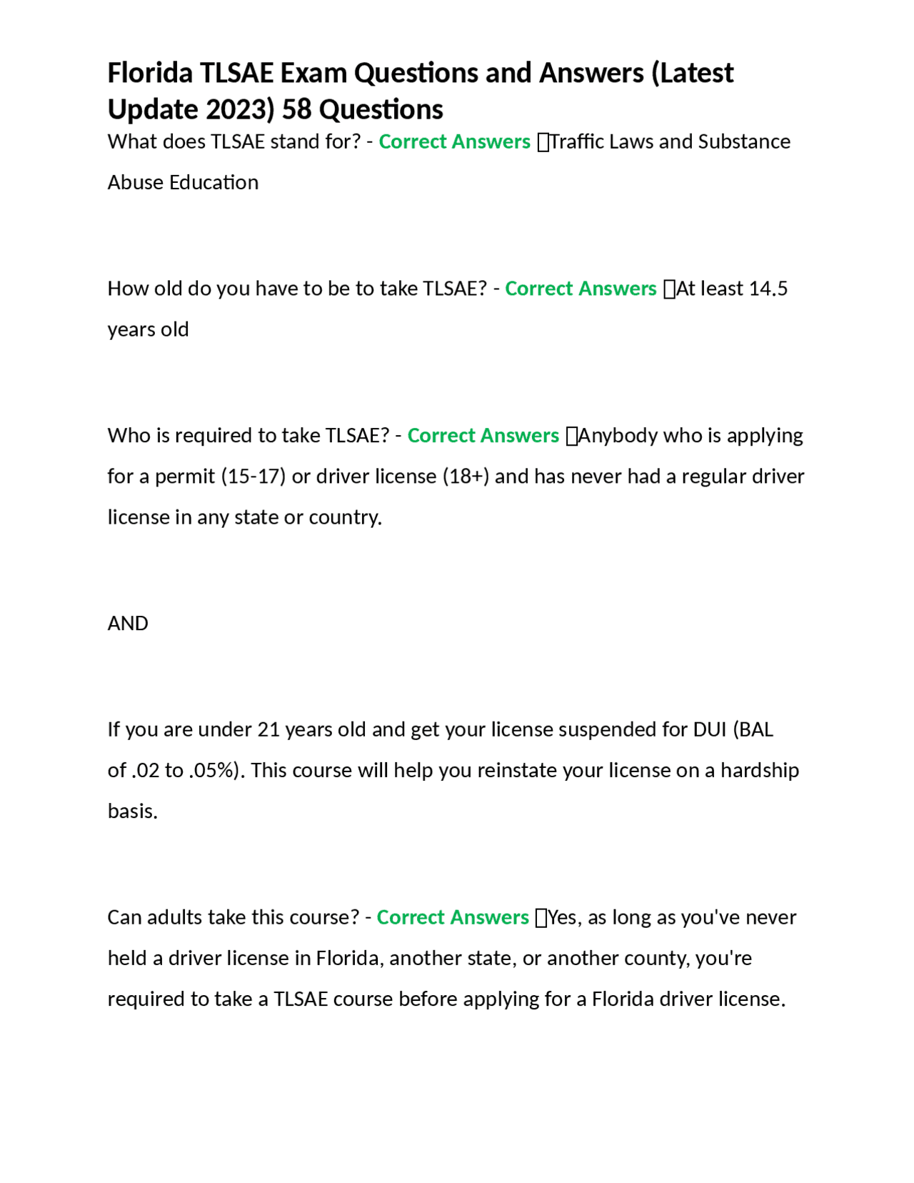 Florida Tlsae Exam Questions And Answers Latest Update 2023 58 Questions Exams Nursing Docsity