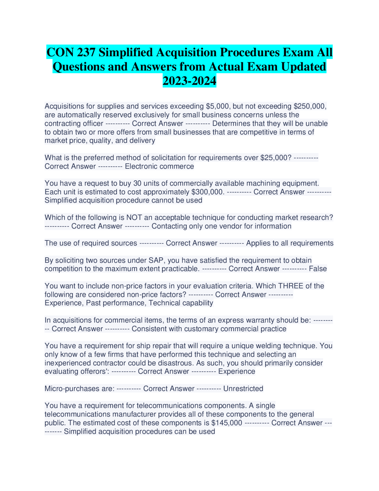 Con 237 Simplified Acquisition Procedures Exam All Questions And
