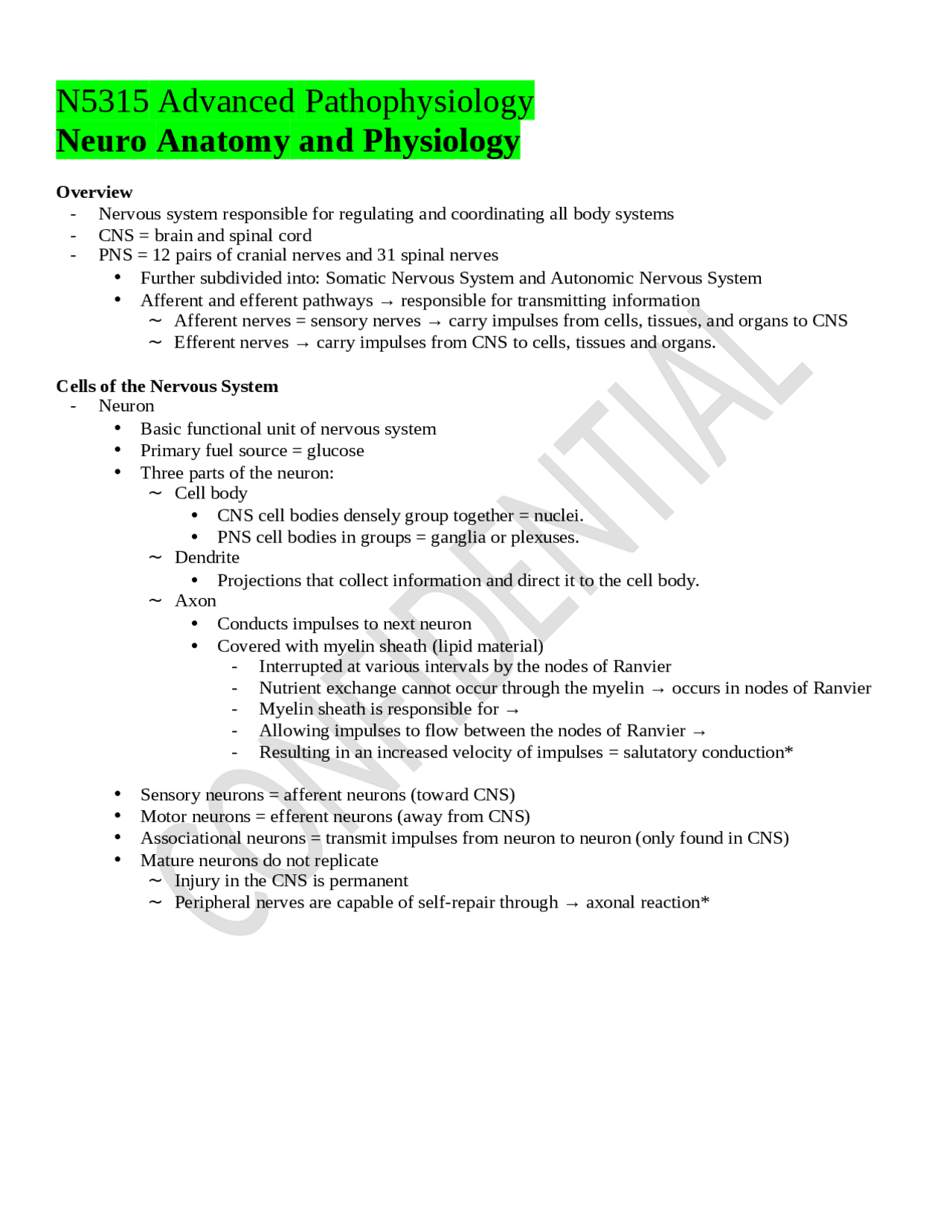 N5315 Advanced Pathophysiology Neuro Anatomy and Physiology | Exams ...