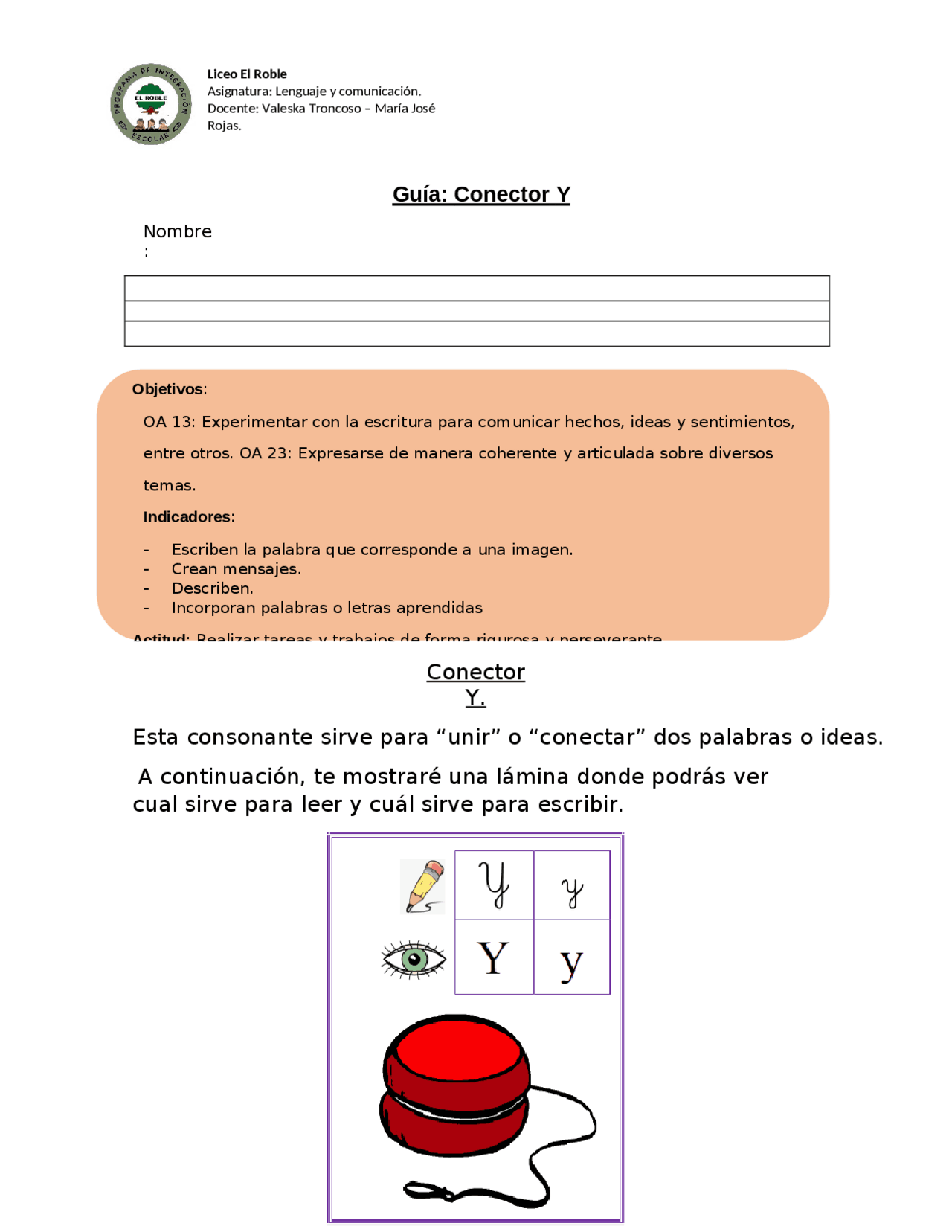 Guía conector Y , además de consonante | Ejercicios de Lenguaje y ...