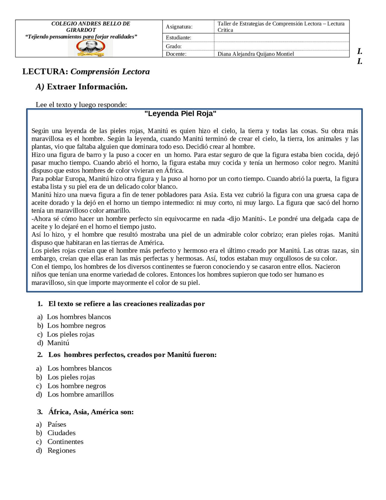 Taller De Comprensión Lectora Ejercicios De Lengua Y Literatura Docsity