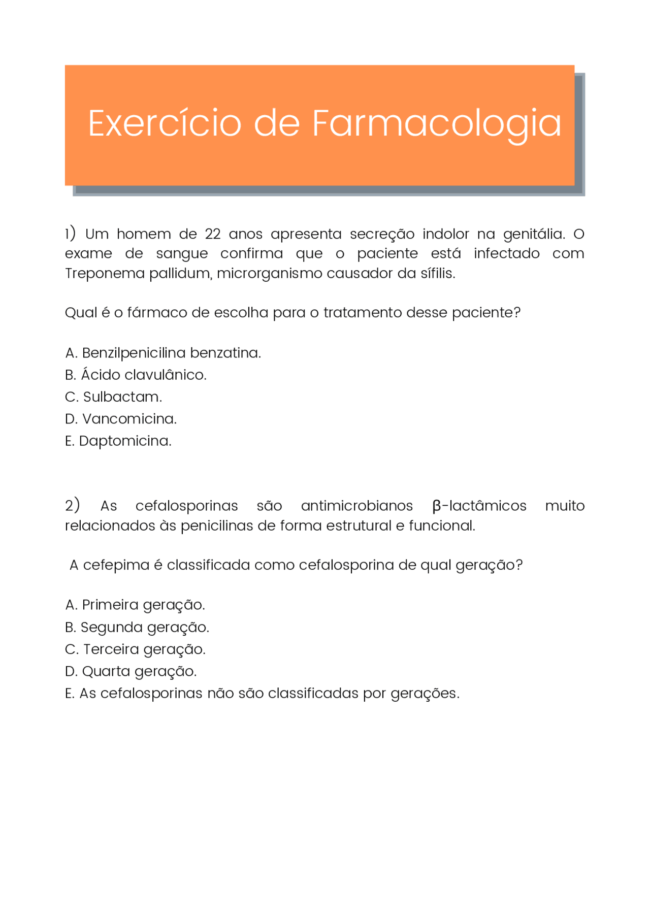 Exercício De Antimicrobianos Inibidores De Parede Celular Com Gabarito