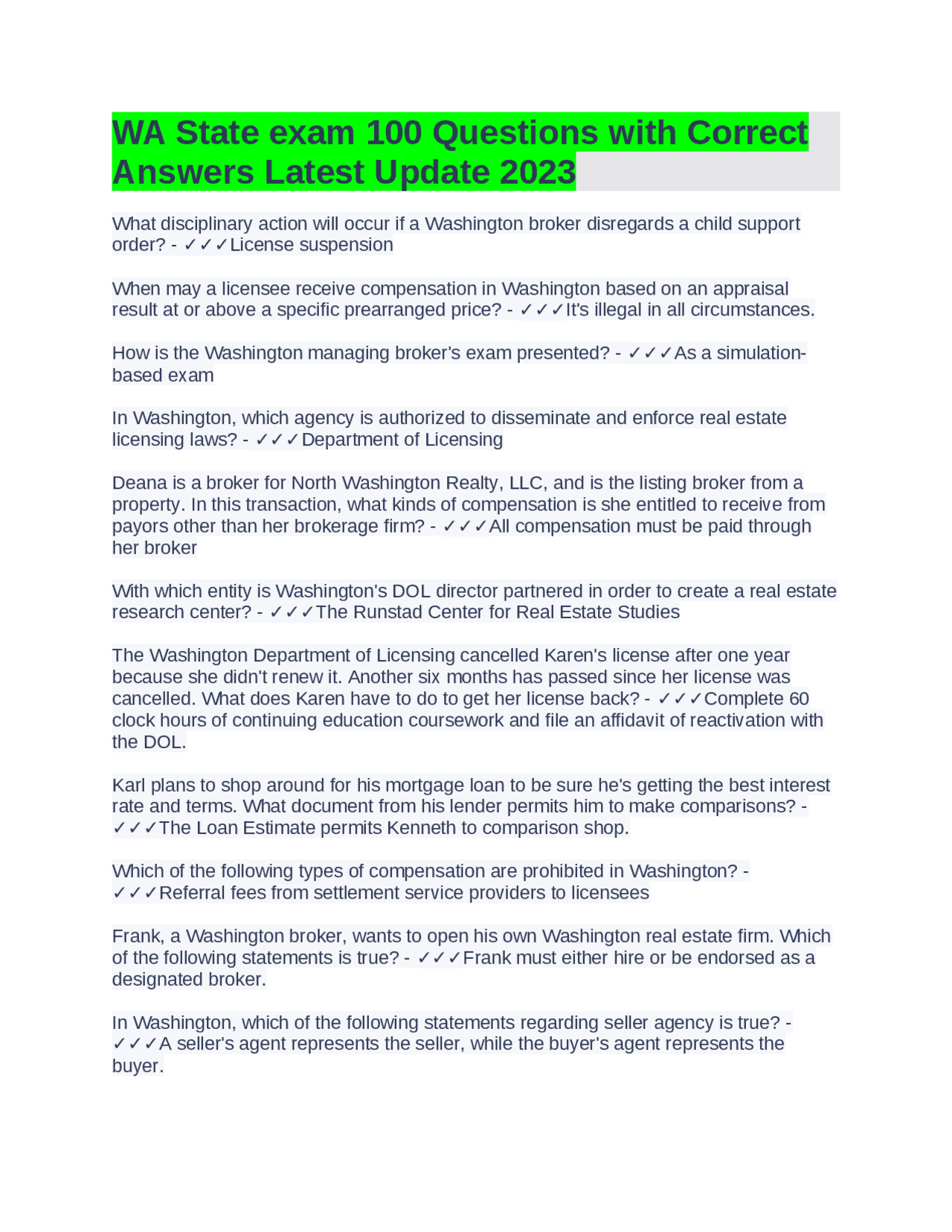 WA State exam 100 Questions with Correct Answers Latest Update 2023 ...