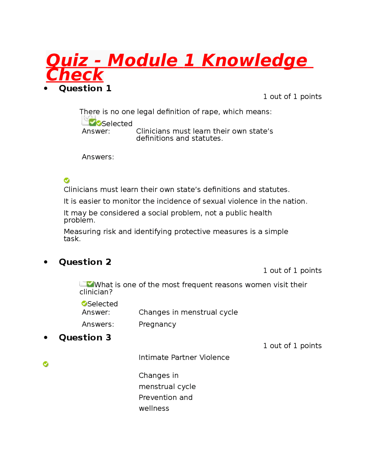 Quiz - Module 1 Knowledge Check | Quizzes Nursing | Docsity