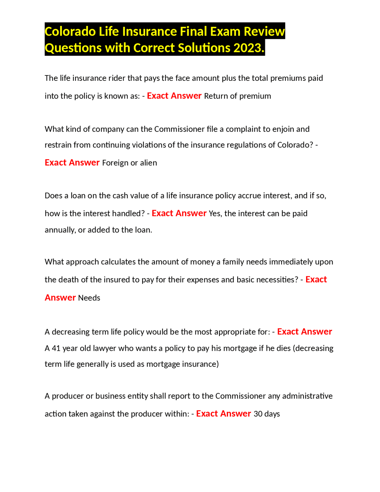 Colorado Life Insurance Final Exam Review Questions with Correct ...