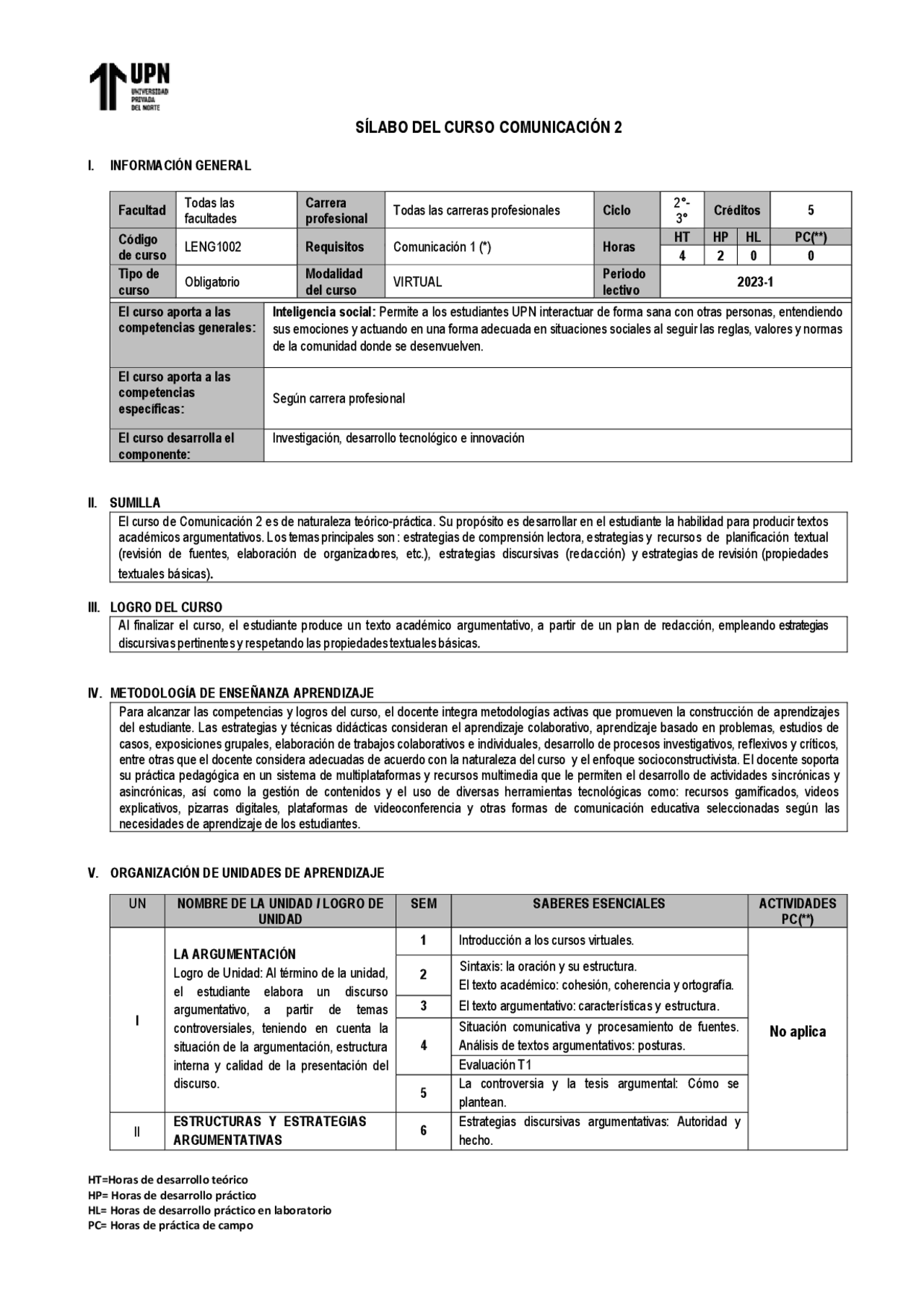 Silabos De Comunicacion 2 Upn Apuntes De Comunicación Profesional